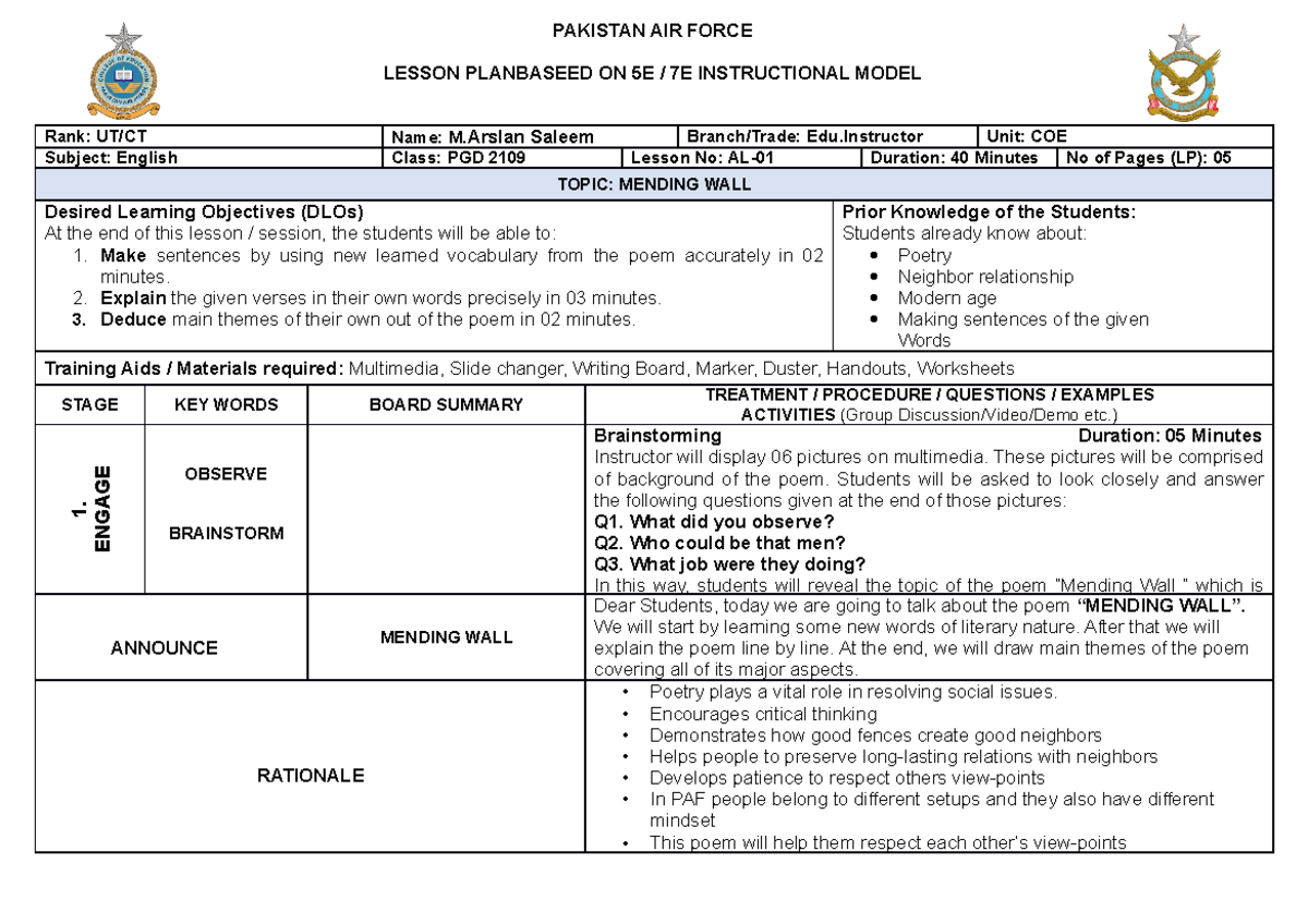 Lesson Plan Mending Wall - PAKISTAN AIR FORCE LESSON PLANBASEED ON 5E / 7E INSTRUCTIONAL MODEL ...