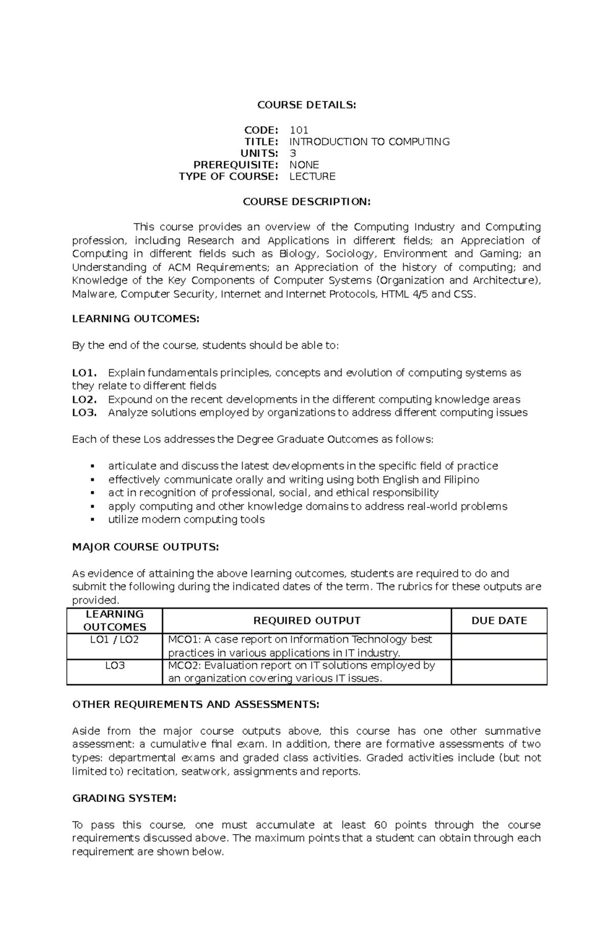 386774833 IT 101 Introduction to Computing - COURSE DETAILS: CODE: 101 ...