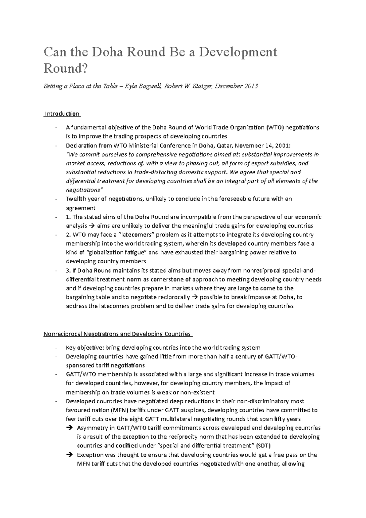 Summary Doha Round - Can the Doha Round Be a Development Round? Setting ...