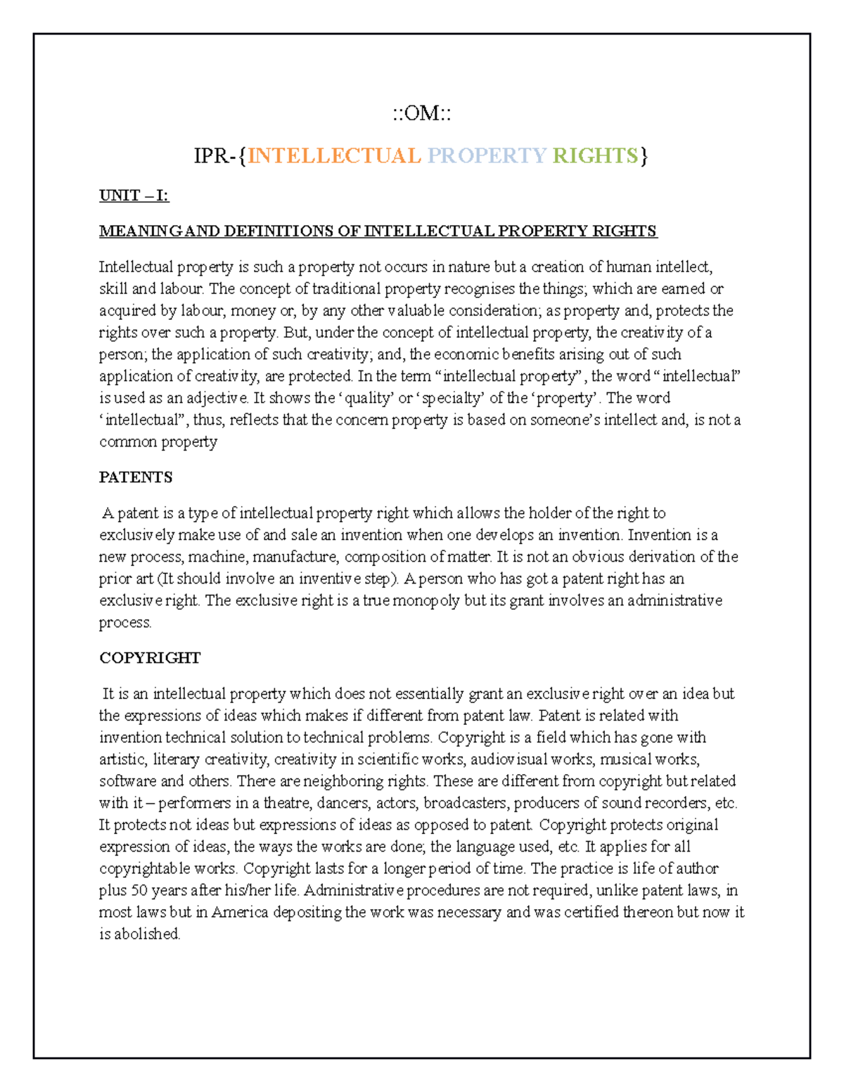 IPR UNIT WISE Notes - ::OM:: IPR-{ INTELLECTUAL PROPERTY RIGHTS } UNIT ...