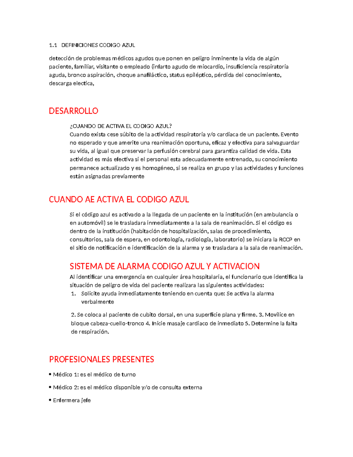 enfermeria apuntes - 1 DEFINICIONES CODIGO AZUL detección de problemas ...