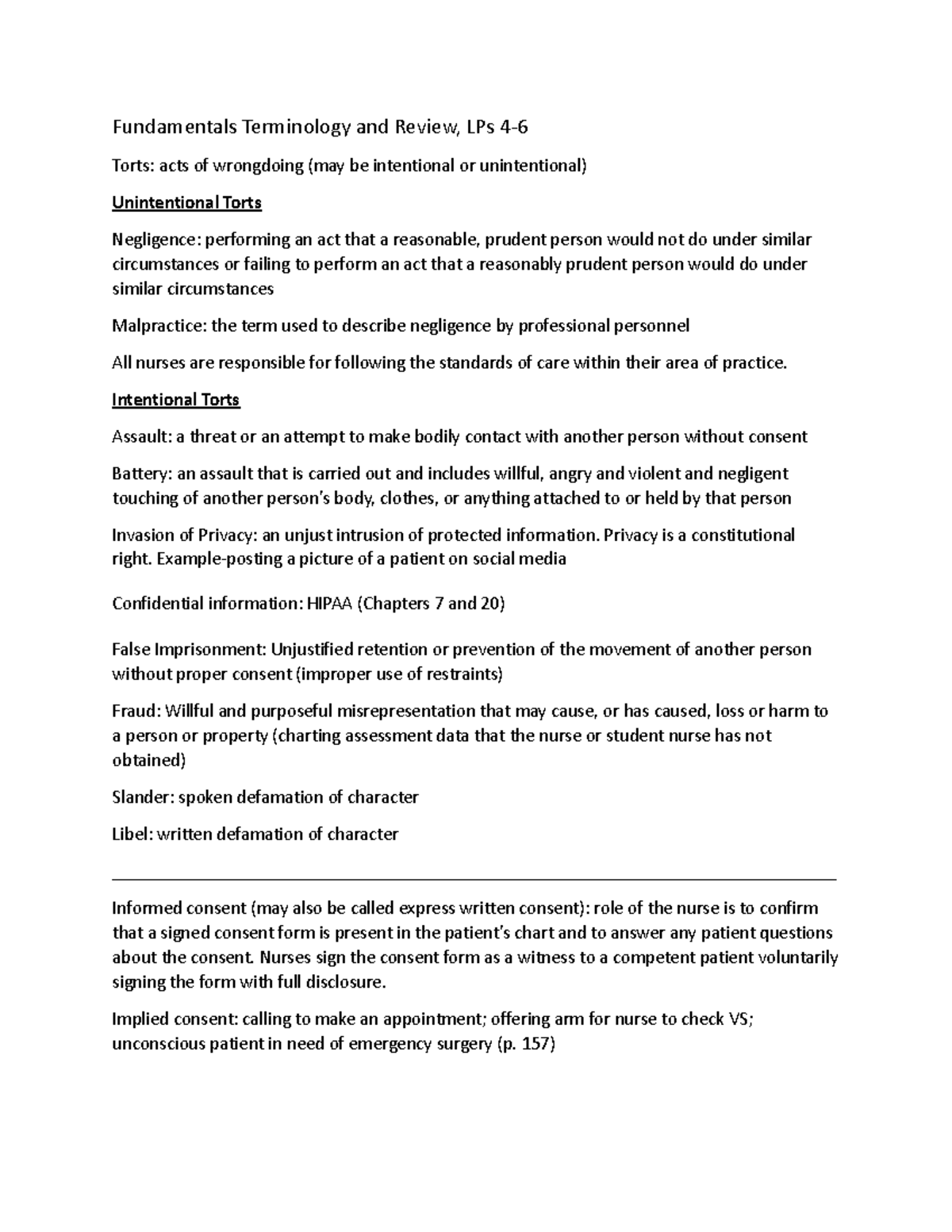 Fundamentals Terminology and Review LPs 4-6 - Intentional Torts Assault: a threat or an attempt ...
