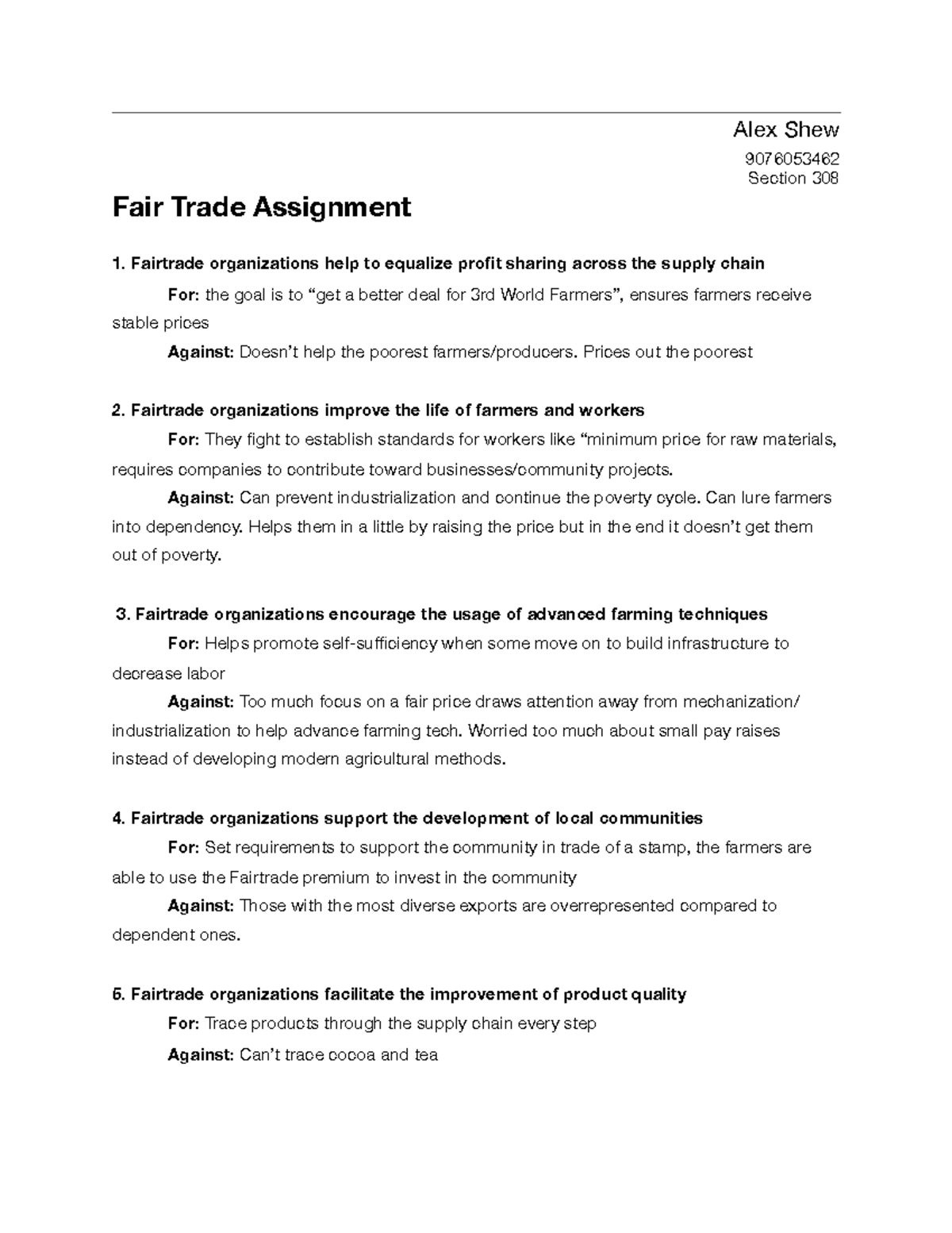 Fair Trade Response - Alex Shew 9076053462 Section 308 Fair Trade ...