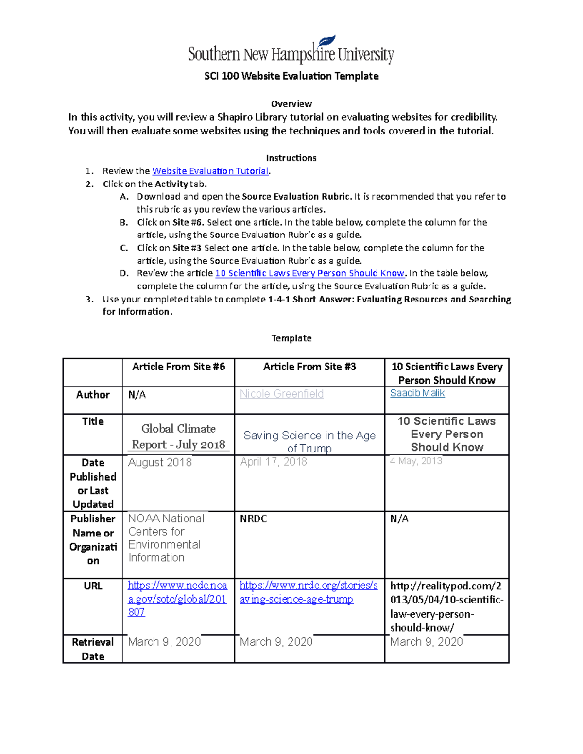 Site eval freise - SCI 100 Website Evaluation Template Overview In this ...