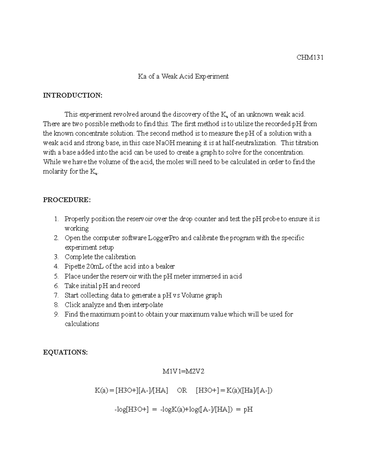Ka of a Weak Acid Experiment Lab - CHM Ka of a Weak Acid Experiment ...