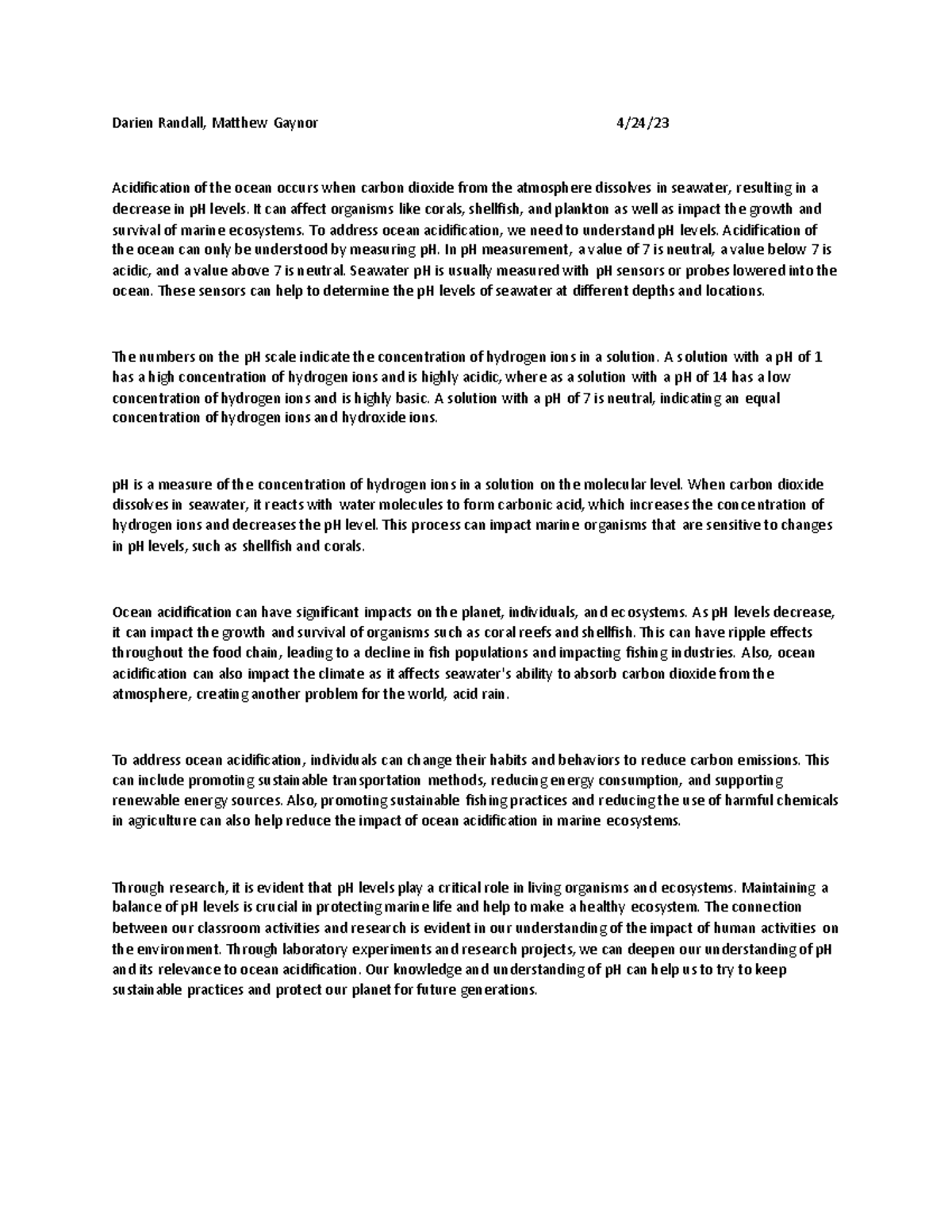 Request - hio - Darien Randall, Matthew Gaynor 4/24/ Acidification of ...