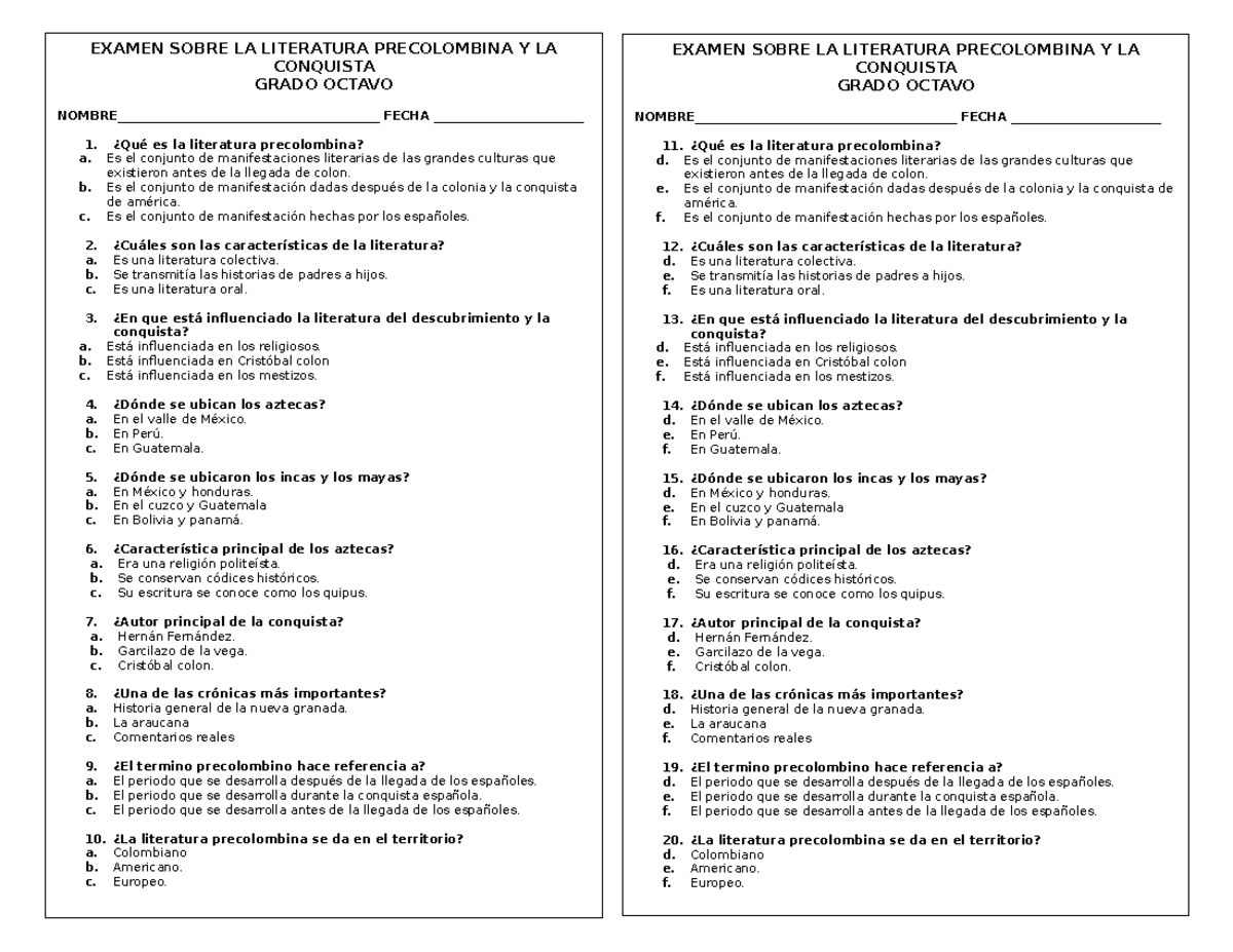 Examen Precolombina Y Conquista - EXAMEN SOBRE LA LITERATURA ...