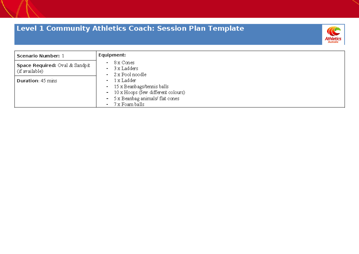 Athletics Lesson Plan - Level 1 Community Athletics Coach: Session Plan ...