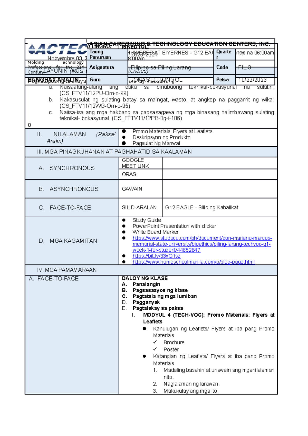 WEEK 8-9 - FIL 3 - Lesson Plan - IKAWALO AT IKA-SIYAM NA LINGGO: Oktubre 26 at 27 , 202 3 ...