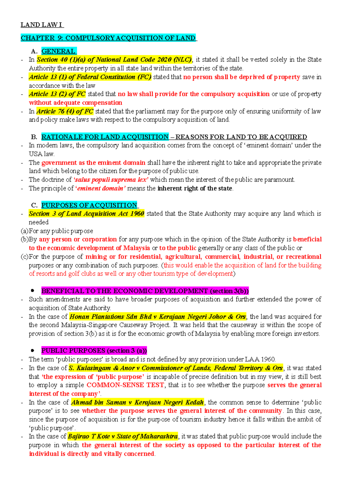 Chapter 9 - Compulsory Acquisition OF LAND - LAND LAW I CHAPTER 9 ...