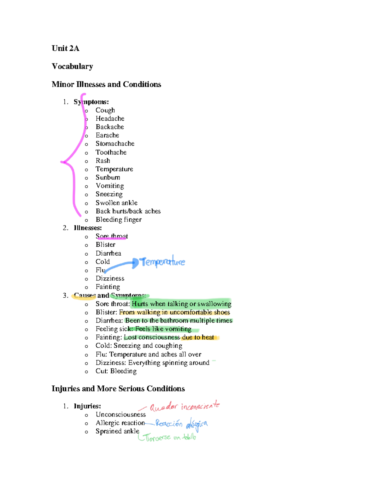 2A & 2B 10th summ - ,, - Unit 2A Vocabulary Minor Illnesses and ...