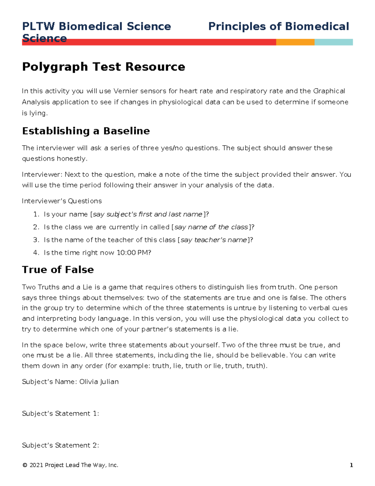 PBS 112 Polygraph Test Resource - PLTW Biomedical Science Principles of ...