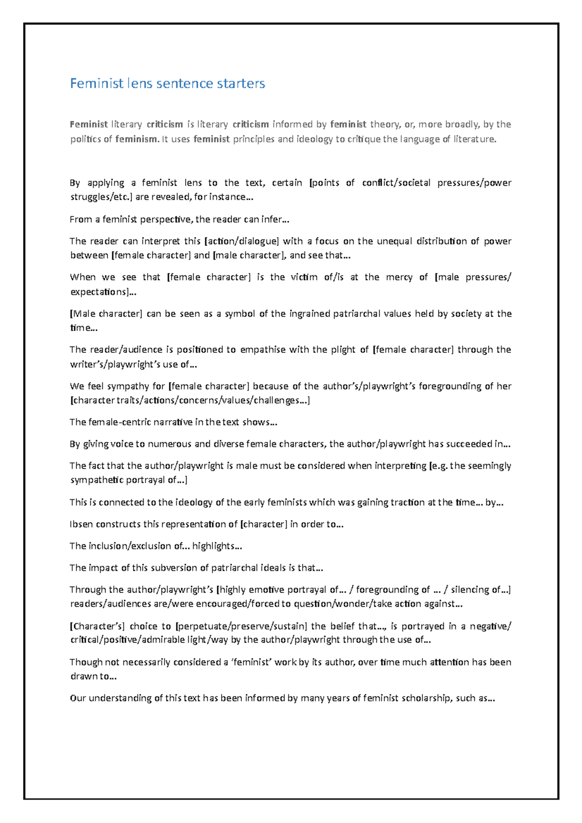 Feminist Perspective Sentence Starters - Feminist lens sentence ...