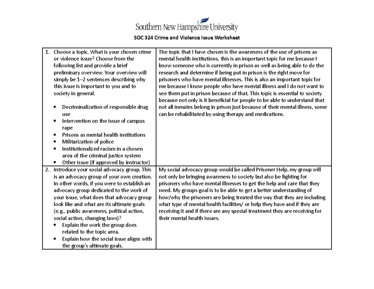 Soc324 crime and violence issue worksheet - SOC 324 Crime and Violence ...