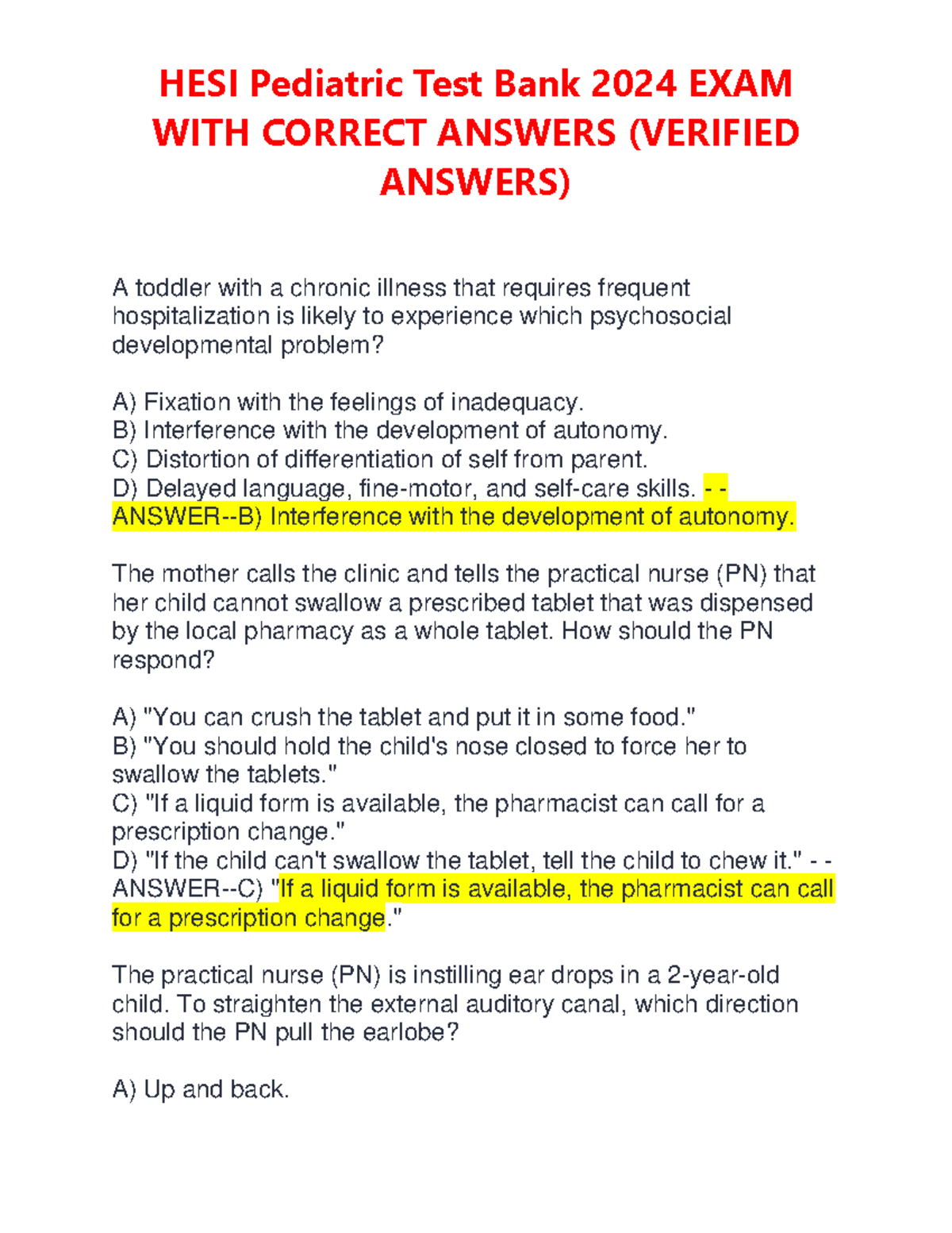 HESI Pediatric Test Bank 2023 - WITH CORRECT ANSWERS (VERIFIED ANSWERS ...