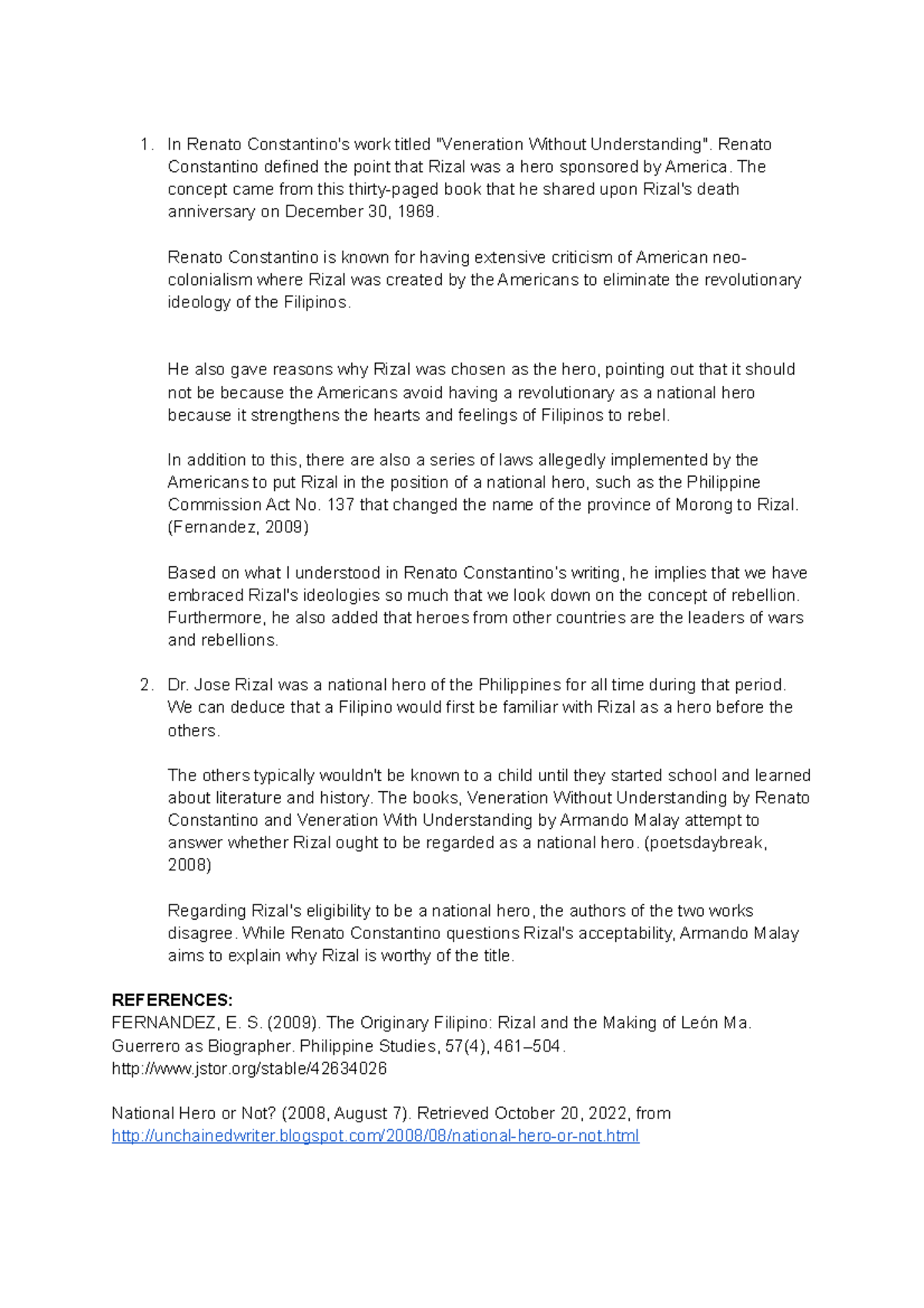 Activity 2 - In Renato Constantino's work titled "Veneration Without ...