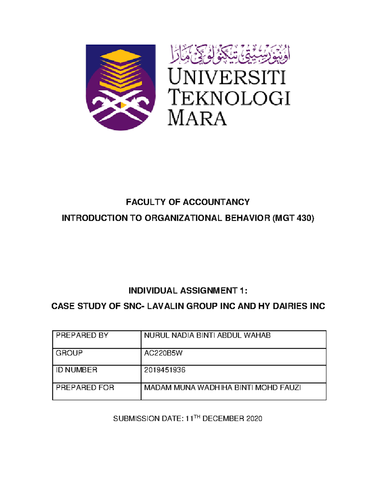 MGT 430 CASE Study INDIVUDUAL ASSIGNMENT - Organizational Behaviour ...