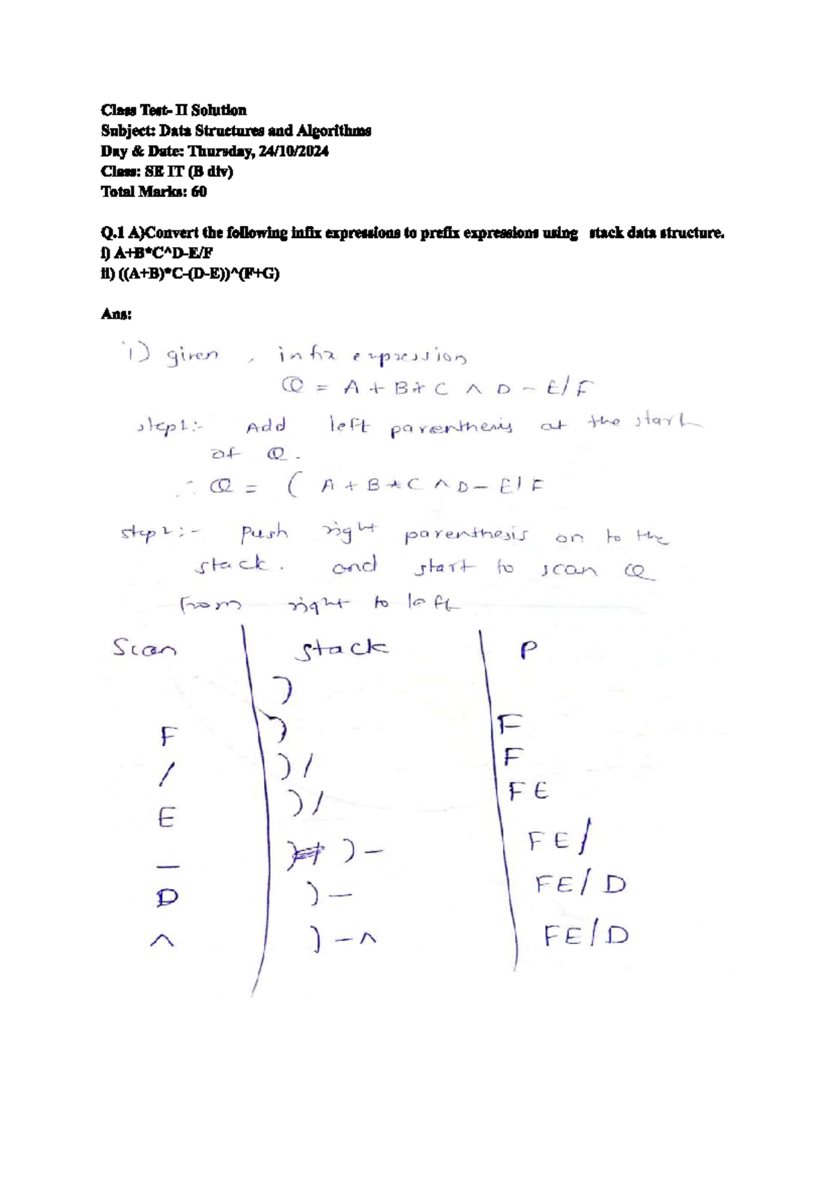 Questions and solution Unit 3 to Unit 6 - Class II Solution Subject: Data Structures and ...