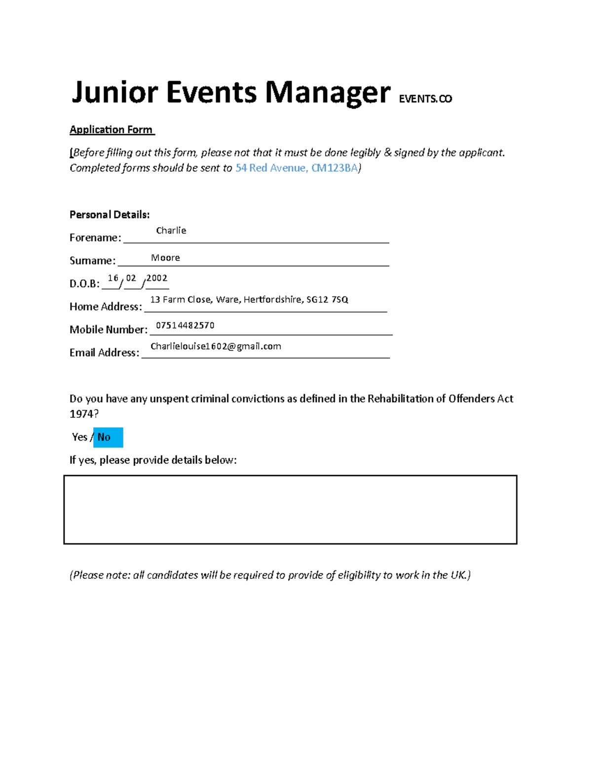 Junior Events Manager - Job Application Form (blank) - Junior Events ...