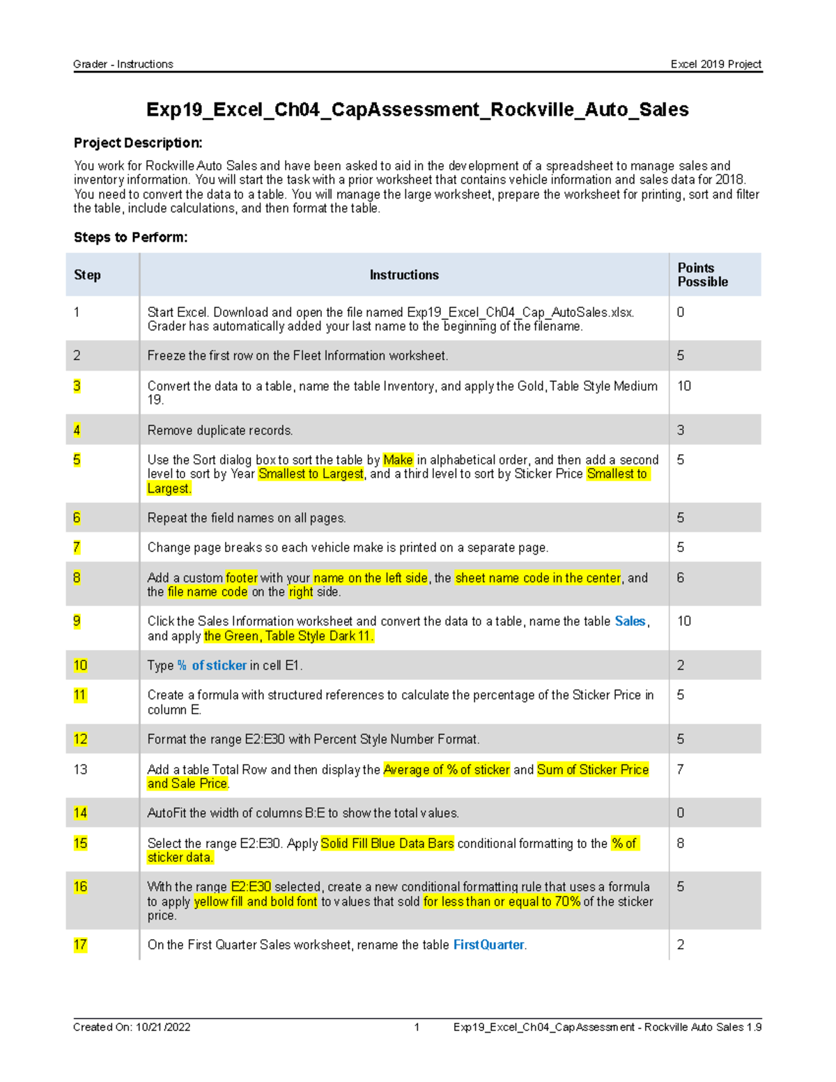 Exp19 Excel Ch04 Cap Assessment Rockville Auto Sales Instructions - Grader - Instructions Excel ...