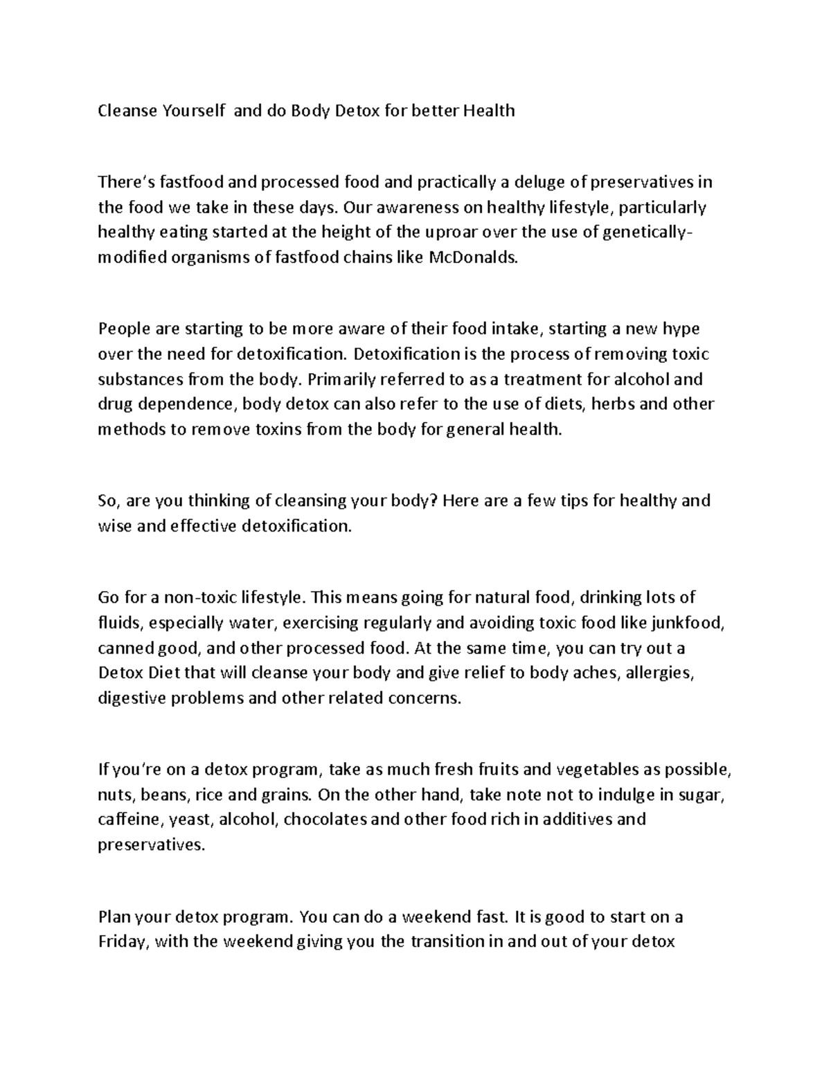 Cleanse Yourself and do Body Detox for better Health - Our awareness on ...