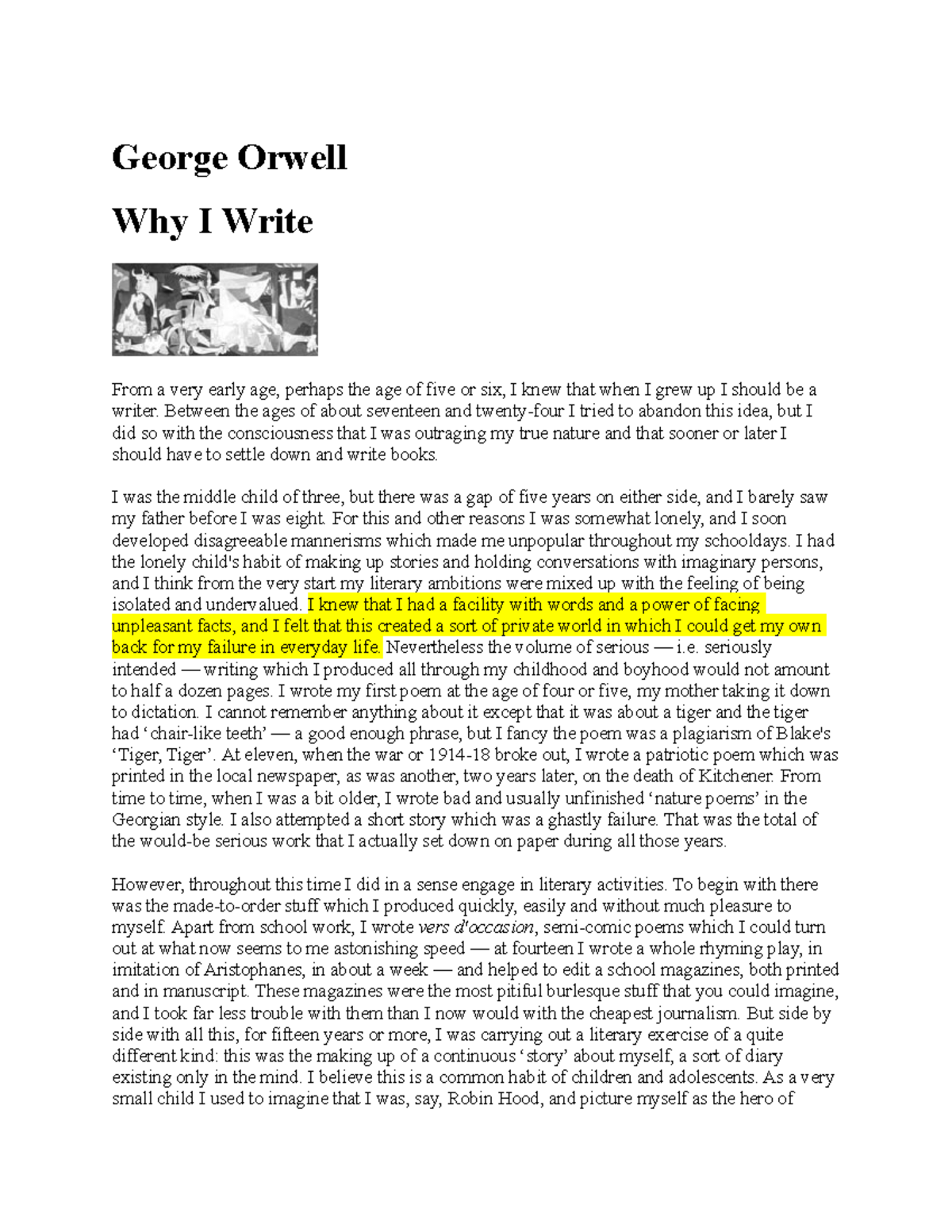 George Orwell - Notes - George Orwell Why I Write From a very early age ...