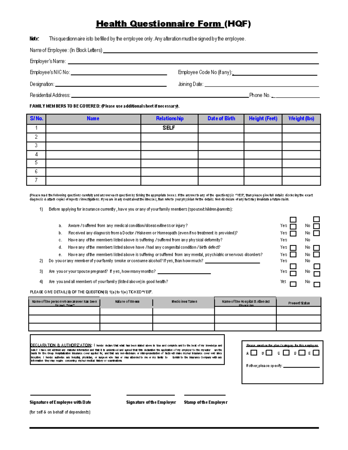 Health Questionnaire Form - Any alteration must be signed by the ...