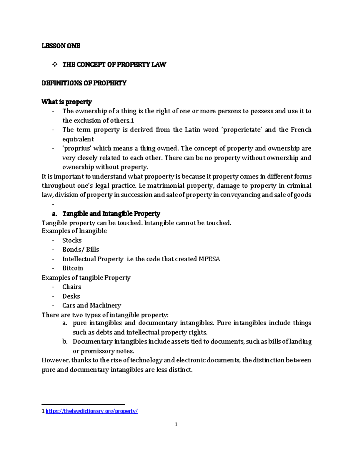 Lesson 1 and 2-1 - good - LESSON ONE THE CONCEPT OF PROPERTY LAW ...