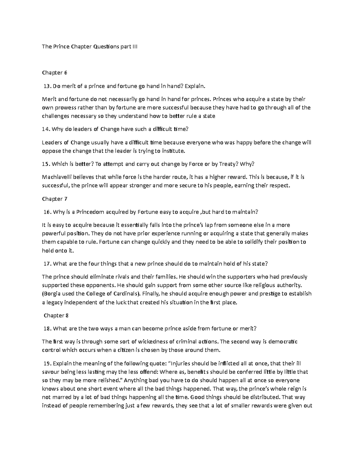 The Prince Questions part III - The Prince Chapter Questions part III ...