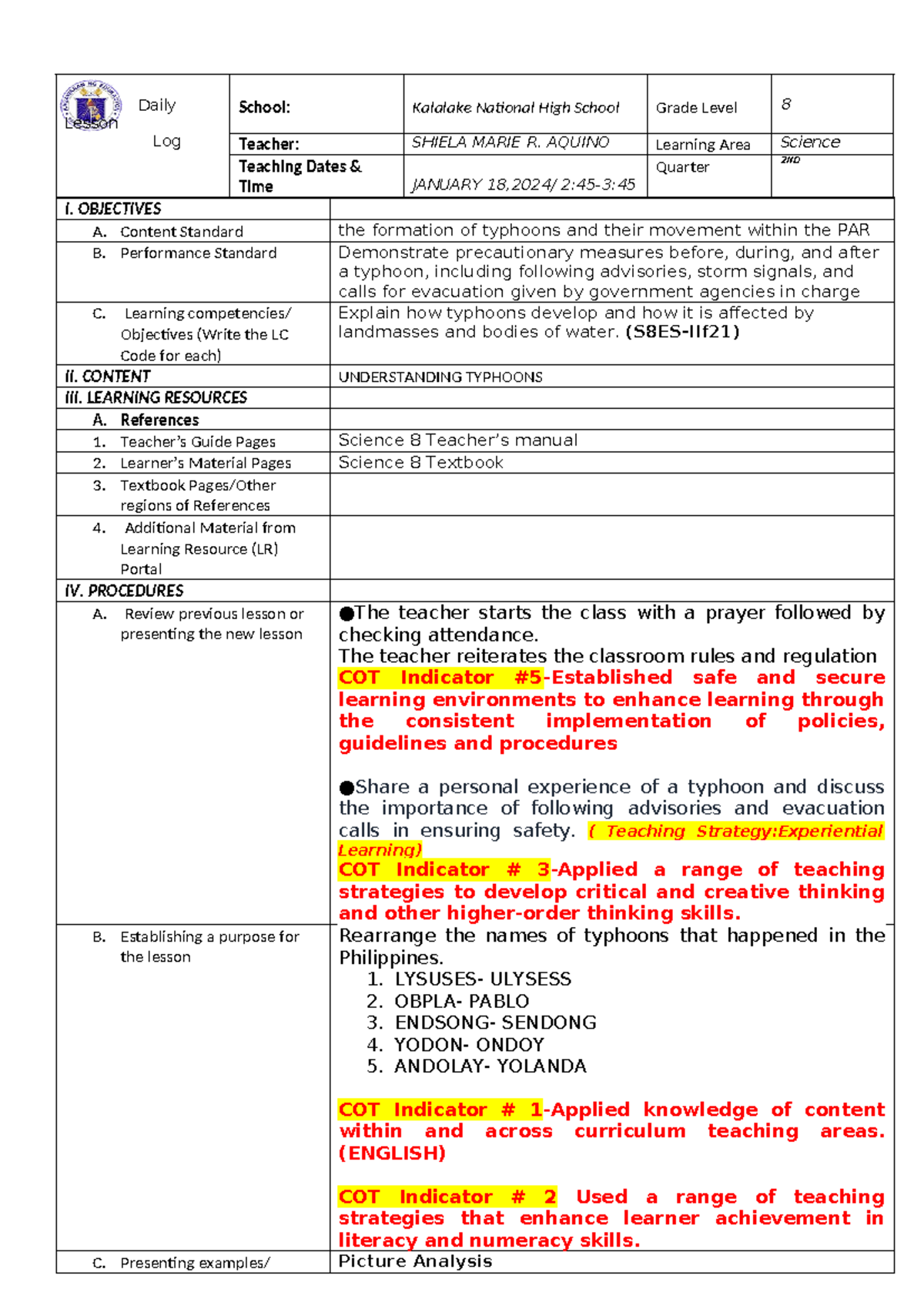 Final Typhoon DEMO Teaching - Daily Lesson Log School: Kalalake ...
