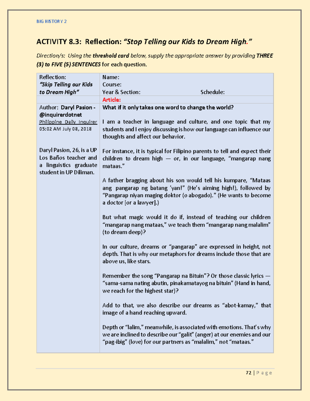 Activity 8.3- Reflecrion- Skip Telling our Kids to Dream High-1 - BIG ...