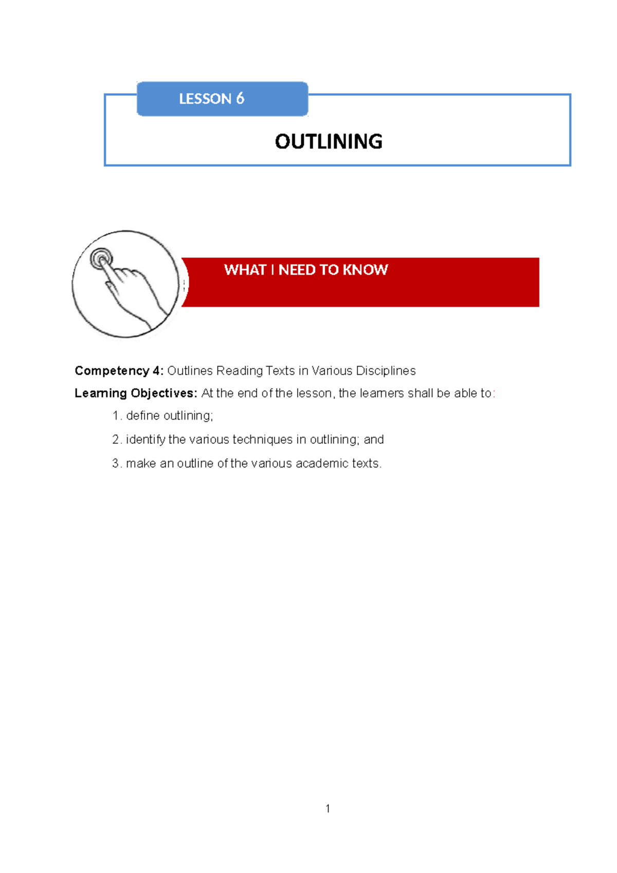 EAPP-lesson-6 - Grade: B - LESSON 6 OUTLINING WHAT I NEED TO KNOW ...