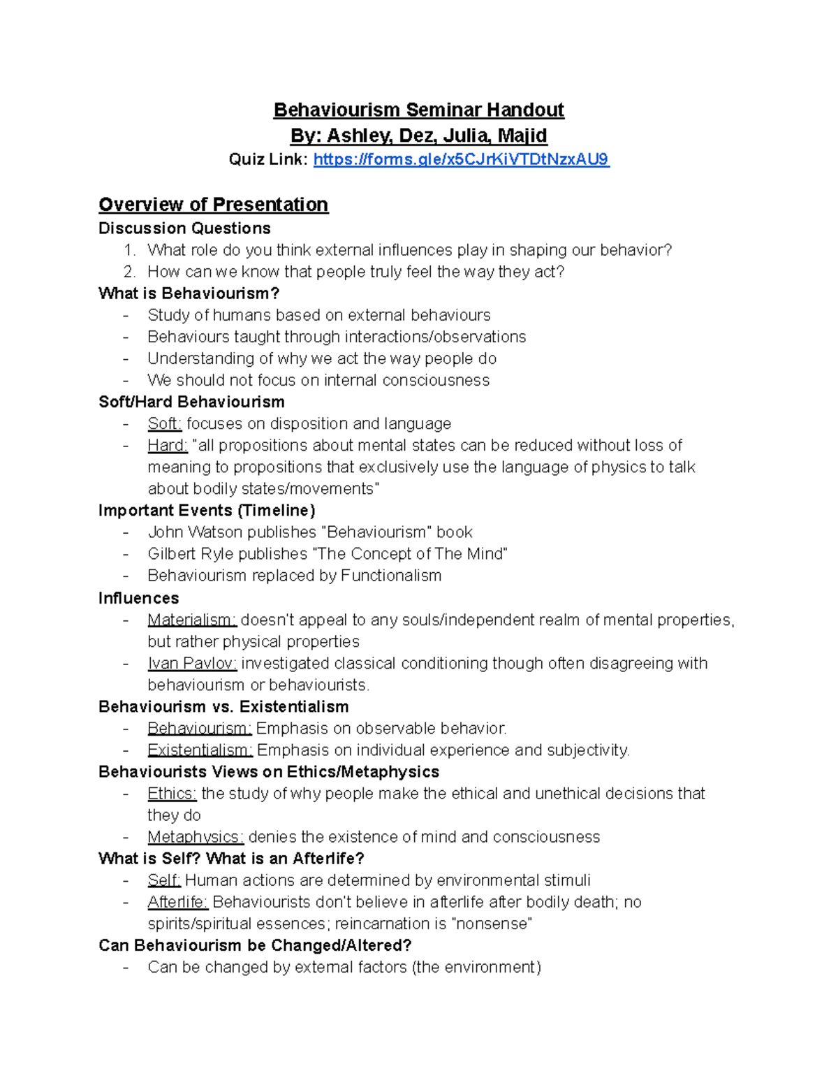 Behaviourism Seminar Handout - What role do you think external ...