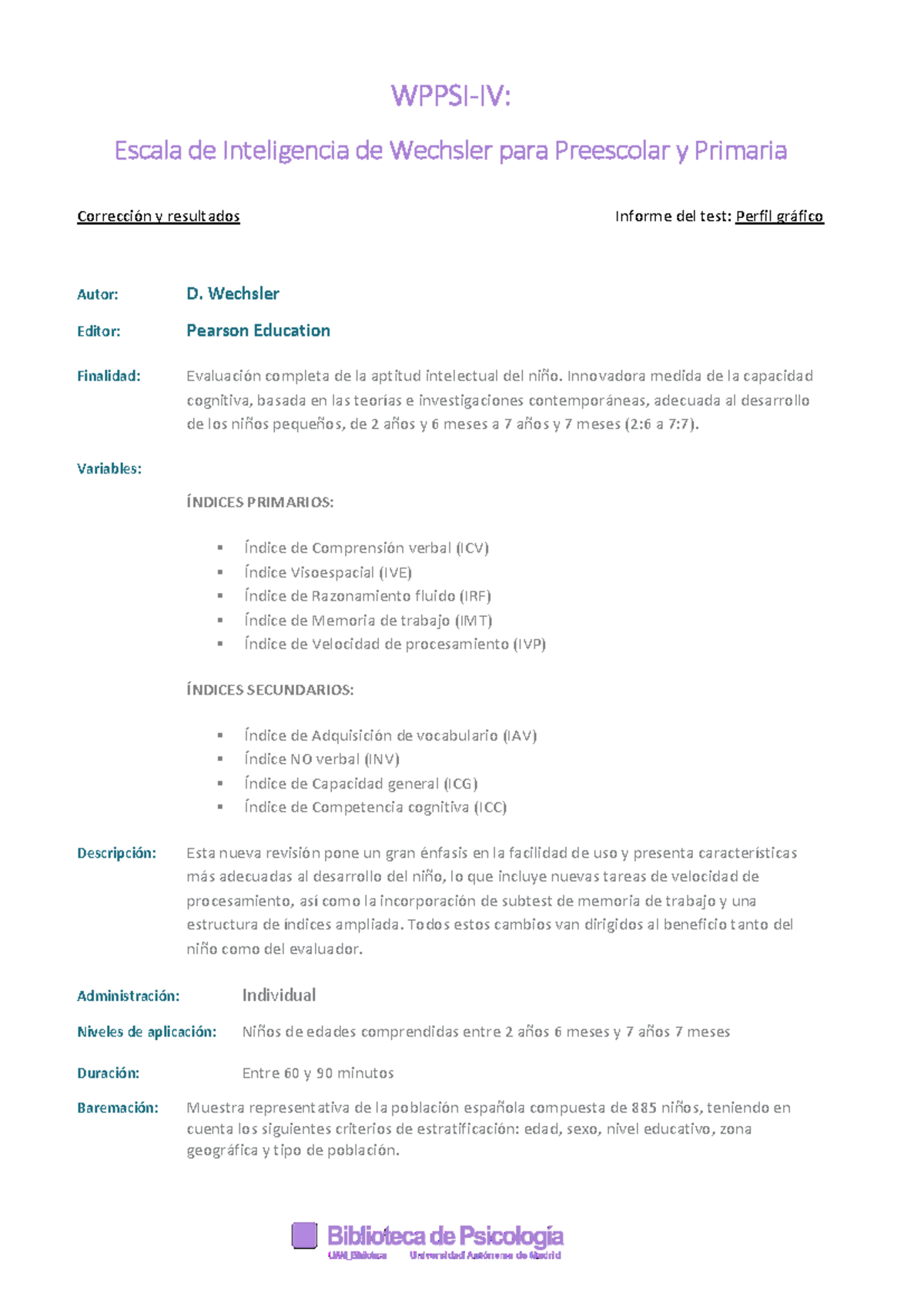 Wppsi-IV - WPPSI-IV: Escala de Inteligencia de Wechsler para Preescolar ...