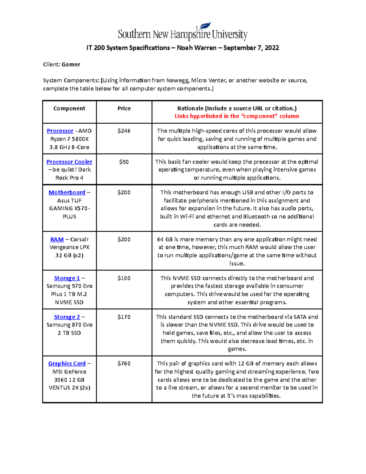 IT 200 System Specifications - ] Component Price Rationale (Include a ...