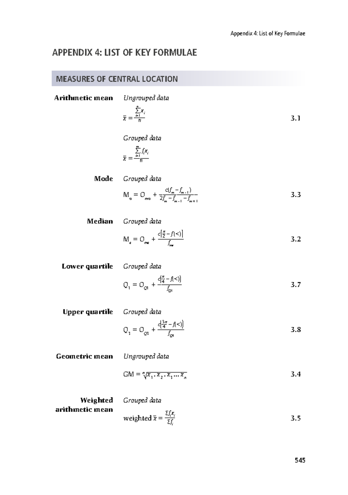 Formula Sheet - Summary Business Statistics - Appendix 4: List of Key ...