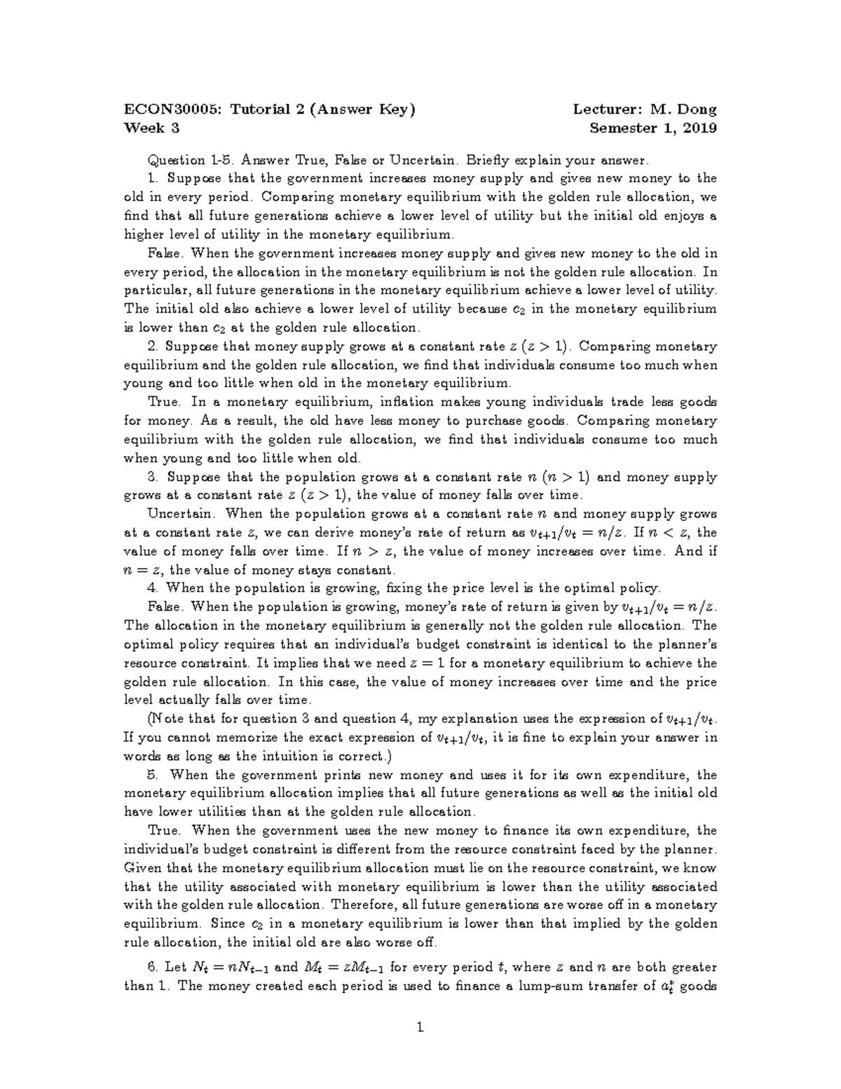 Tutorial 2 Answer 2020 - ECON30005: Tutorial 2 (Answer Key) Lecturer: M ...