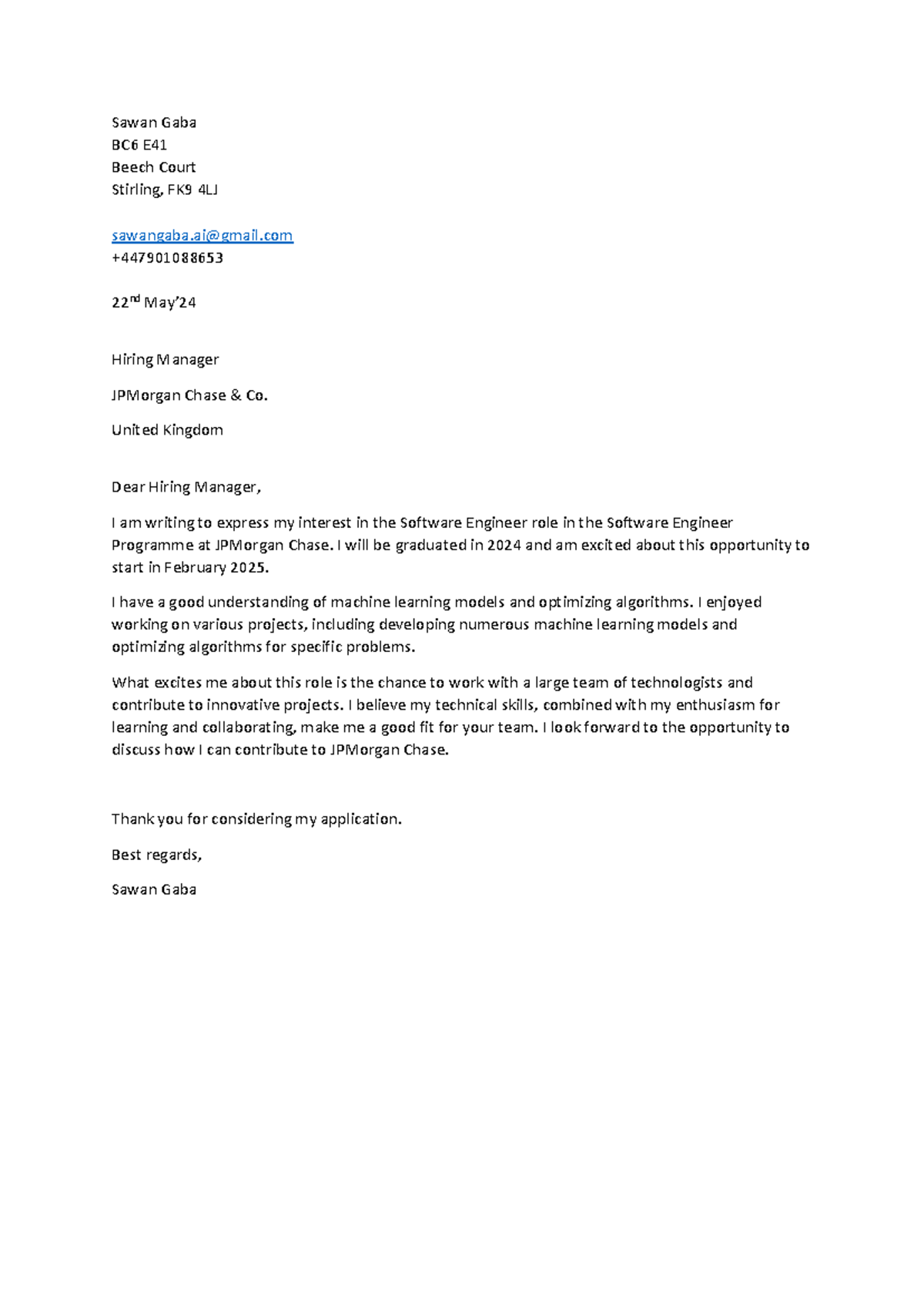 Cover Letter JP Morgan - Sawan Gaba BC6 E Beech Court Stirling, FK9 4LJ ...