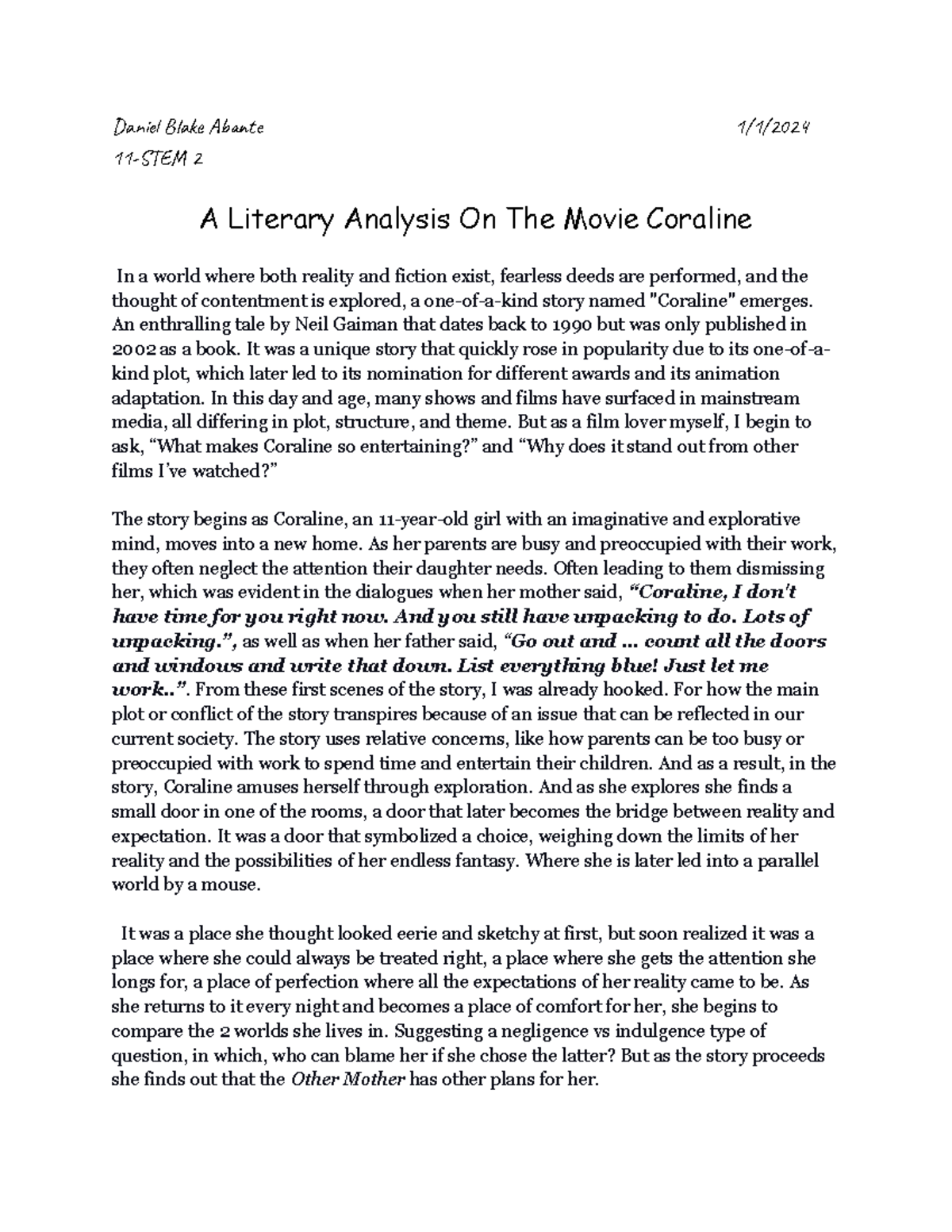 Literary Analysis on The Movie Coraline - An enthralling tale by Neil ...