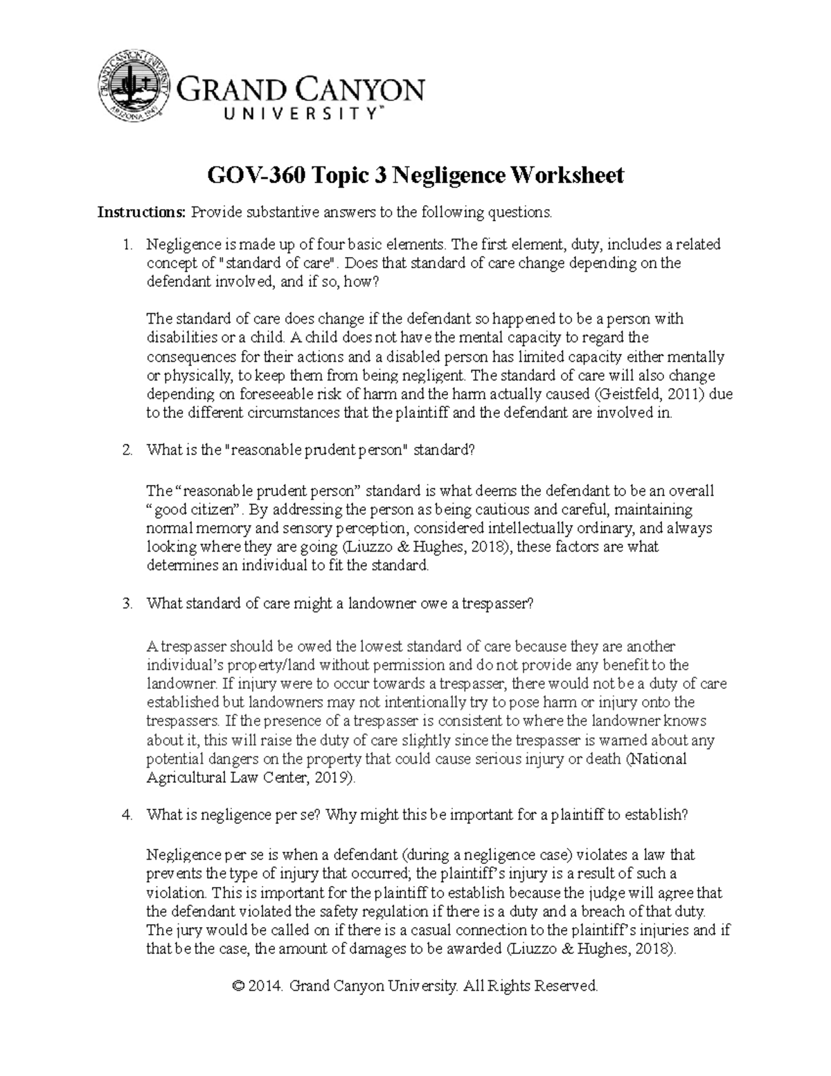 Negligence Worksheet - GOV-360 Topic 3 Negligence Worksheet ...