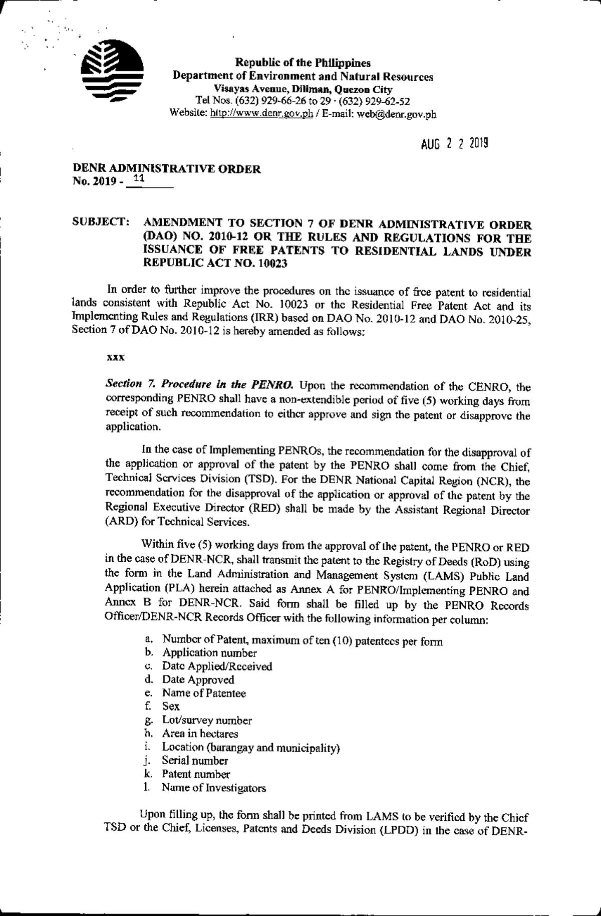 Amendment TO Section 7 OF DENR Administrative Order(DAO) NO.2010-12 OR ...