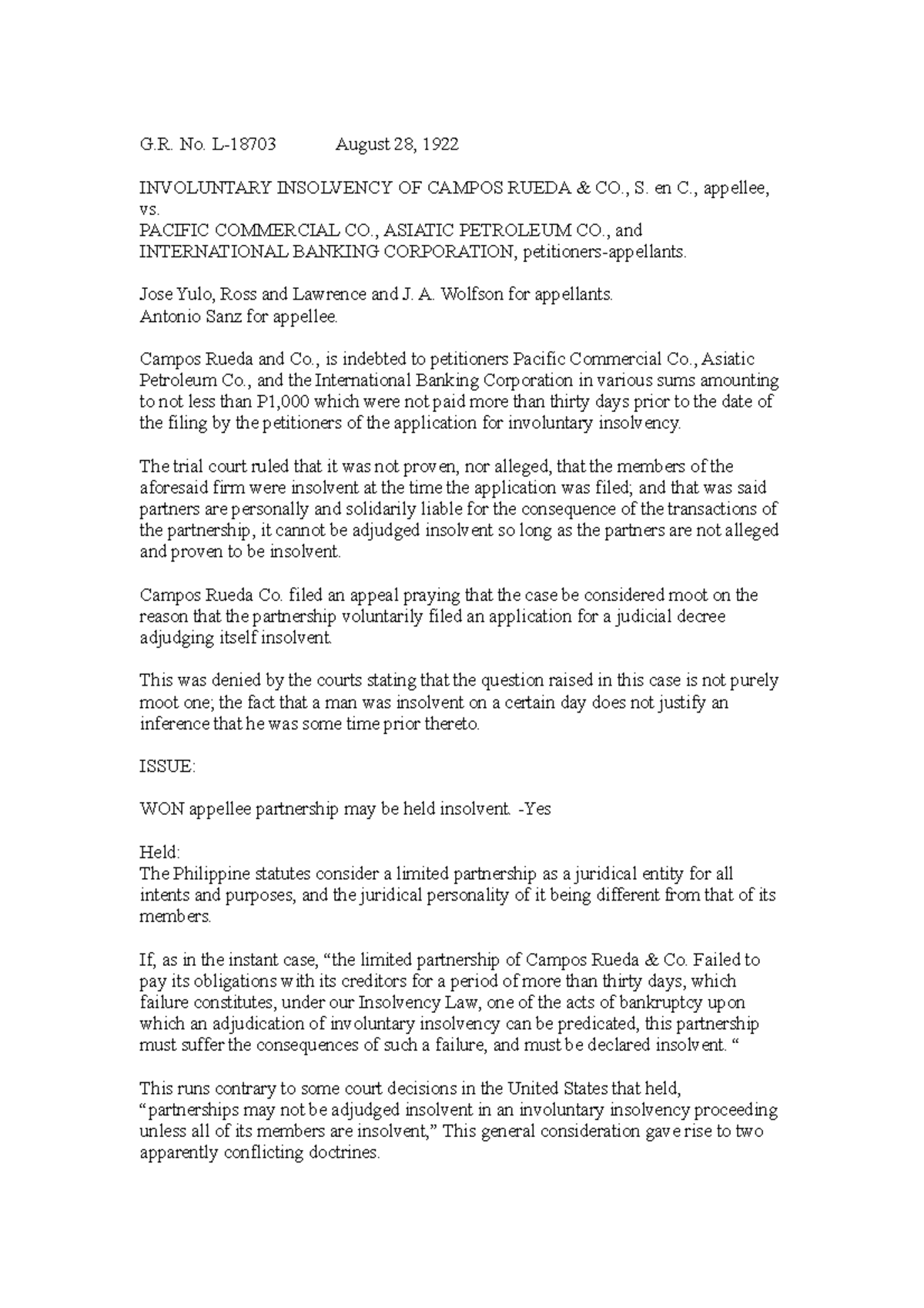 Campos rueda case - G. No. L-18703 August 28, 1922 INVOLUNTARY ...