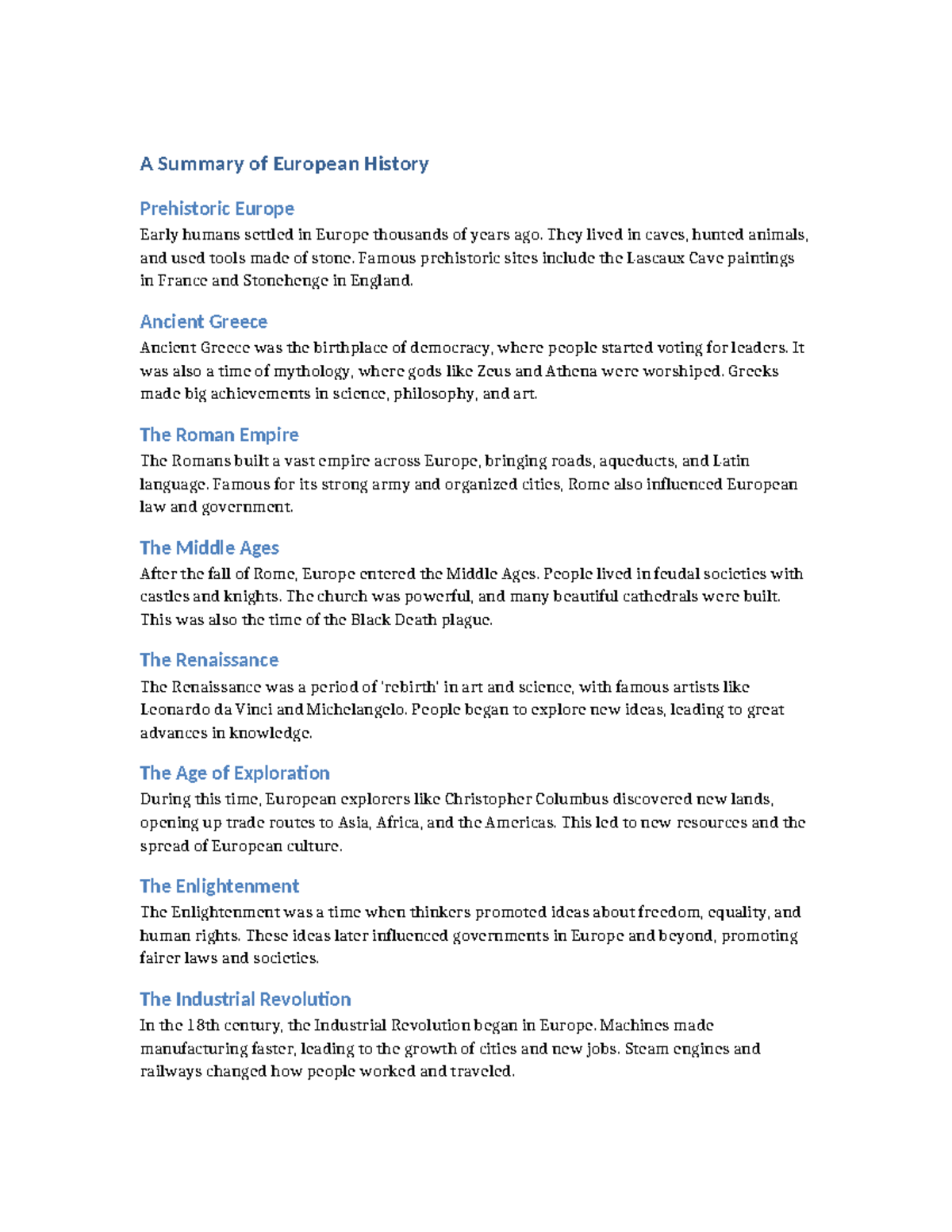 European History Curriculum Summary - A Summary of European History ...