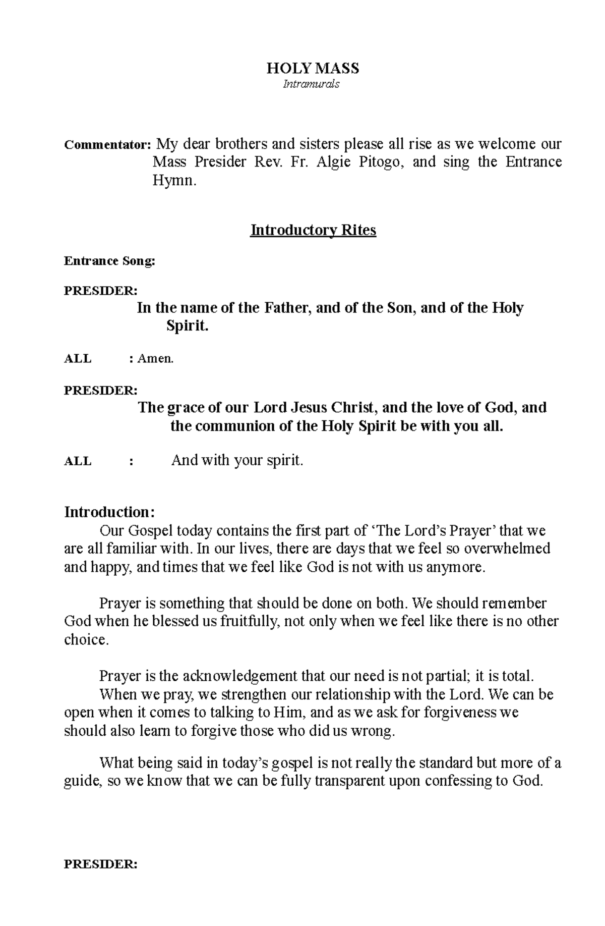 HOLY MASS - HOLY MASS GUIDE - HOLY MASS ####### Intramurals Commentator ...