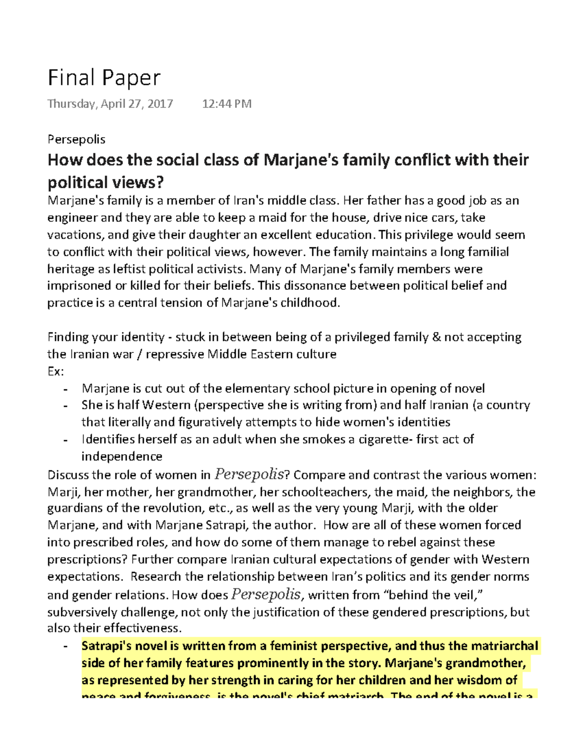 Persepolis - Final Paper - Warning: TT: undefined function: 32 Warning ...