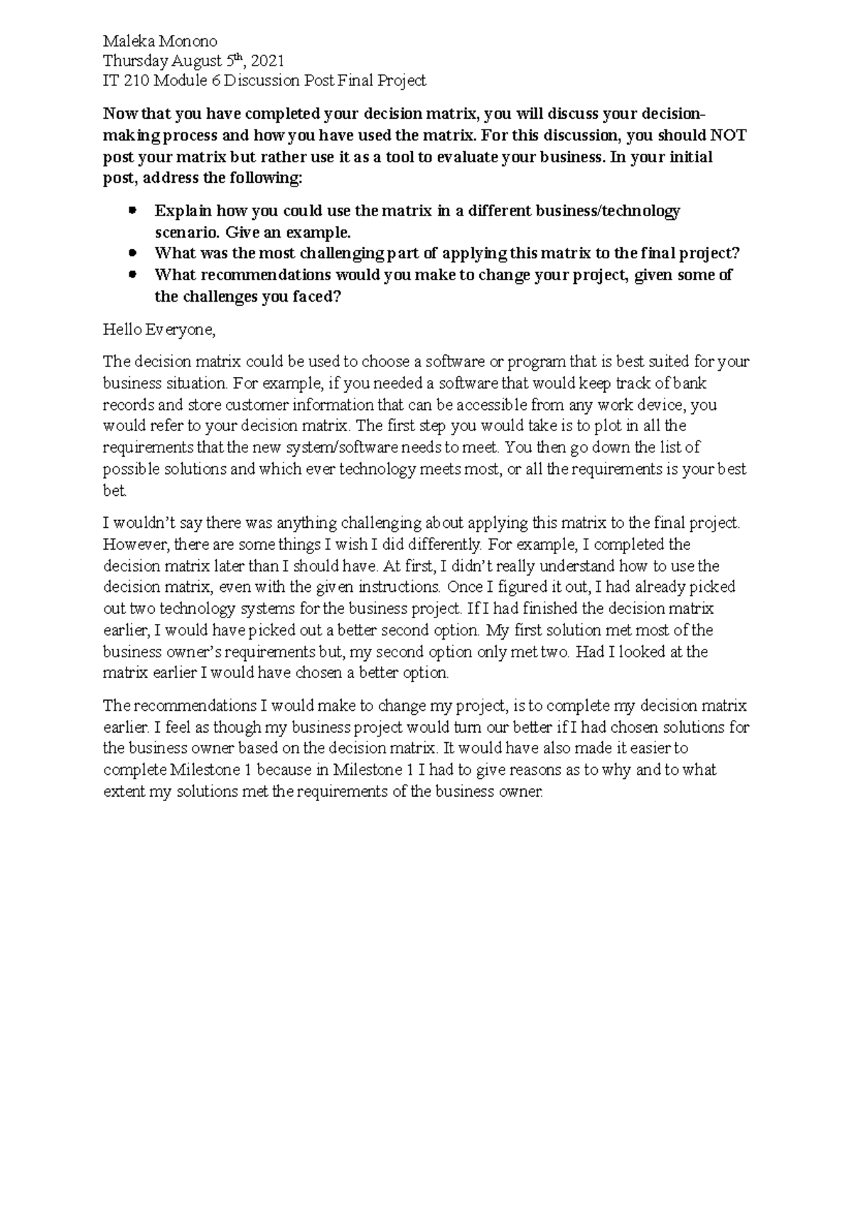 IT 210 Module 6 Discussion Post Final Project - Maleka Monono Thursday ...