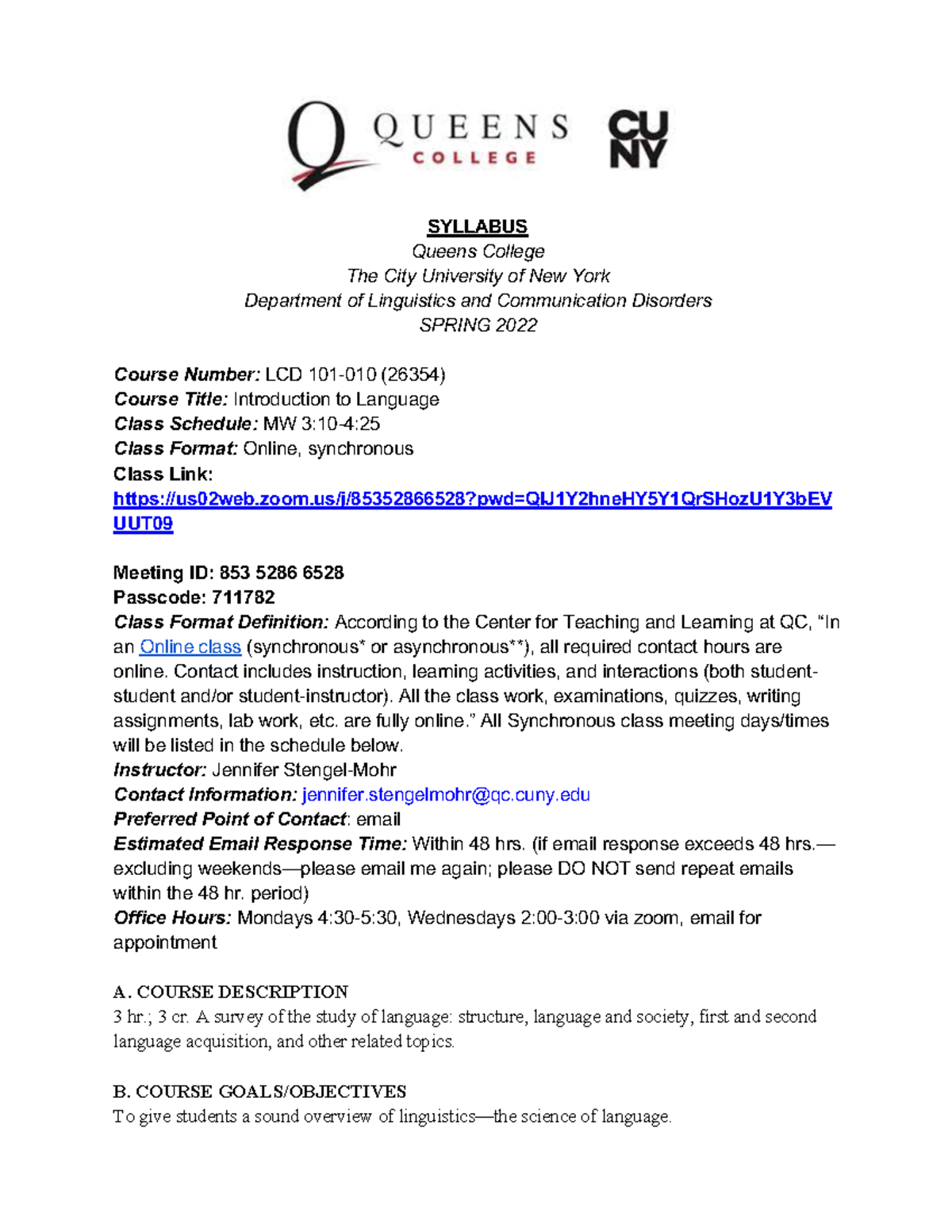 101 Syllabus Spring 2022 - SYLLABUS Queens College The City University ...