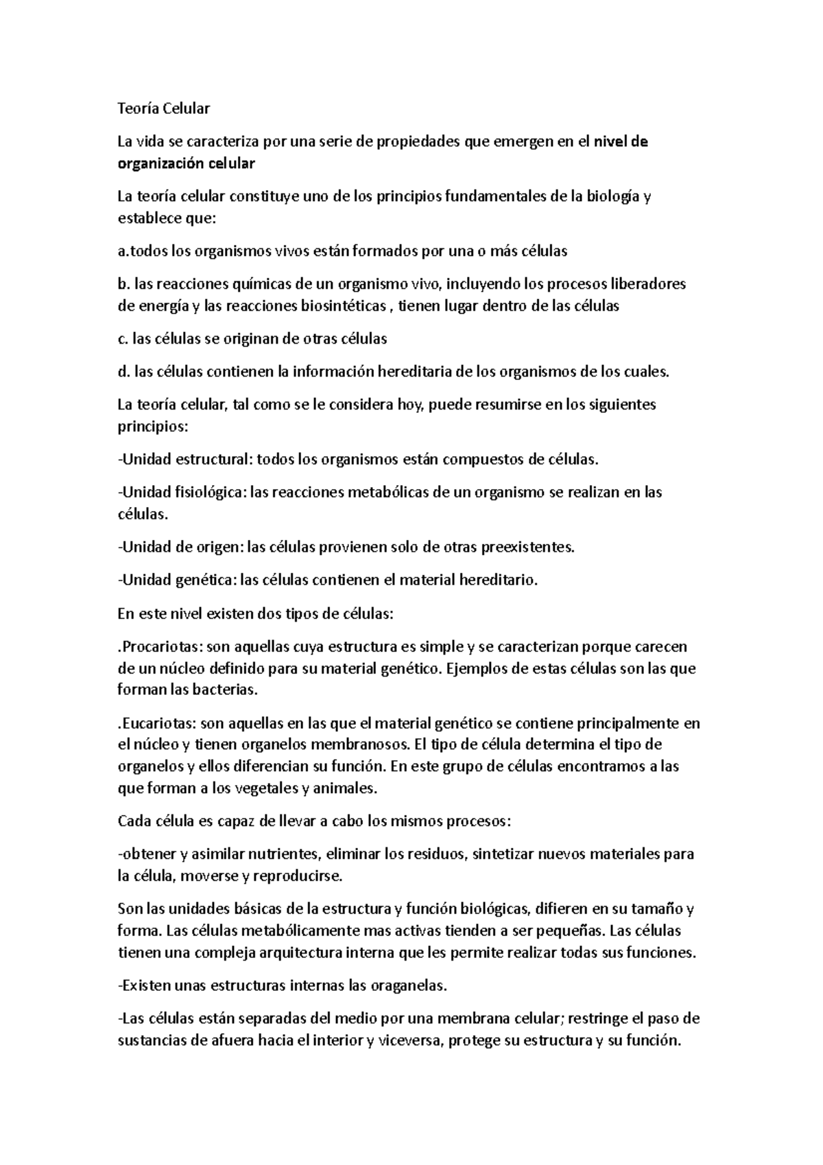 Funda 1 - kmkml - Teoría Celular La vida se caracteriza por una serie ...