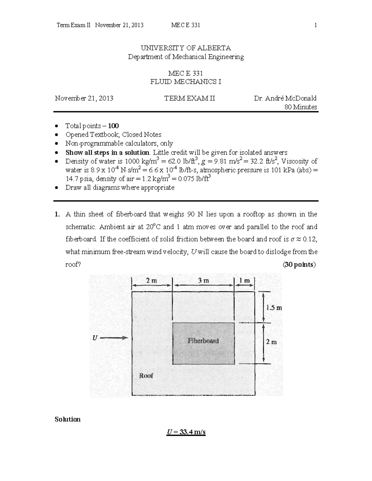 MEC E 331 Term Exam 2 Solutions - 2013 - UNIVERSITY OF ALBERTA ...