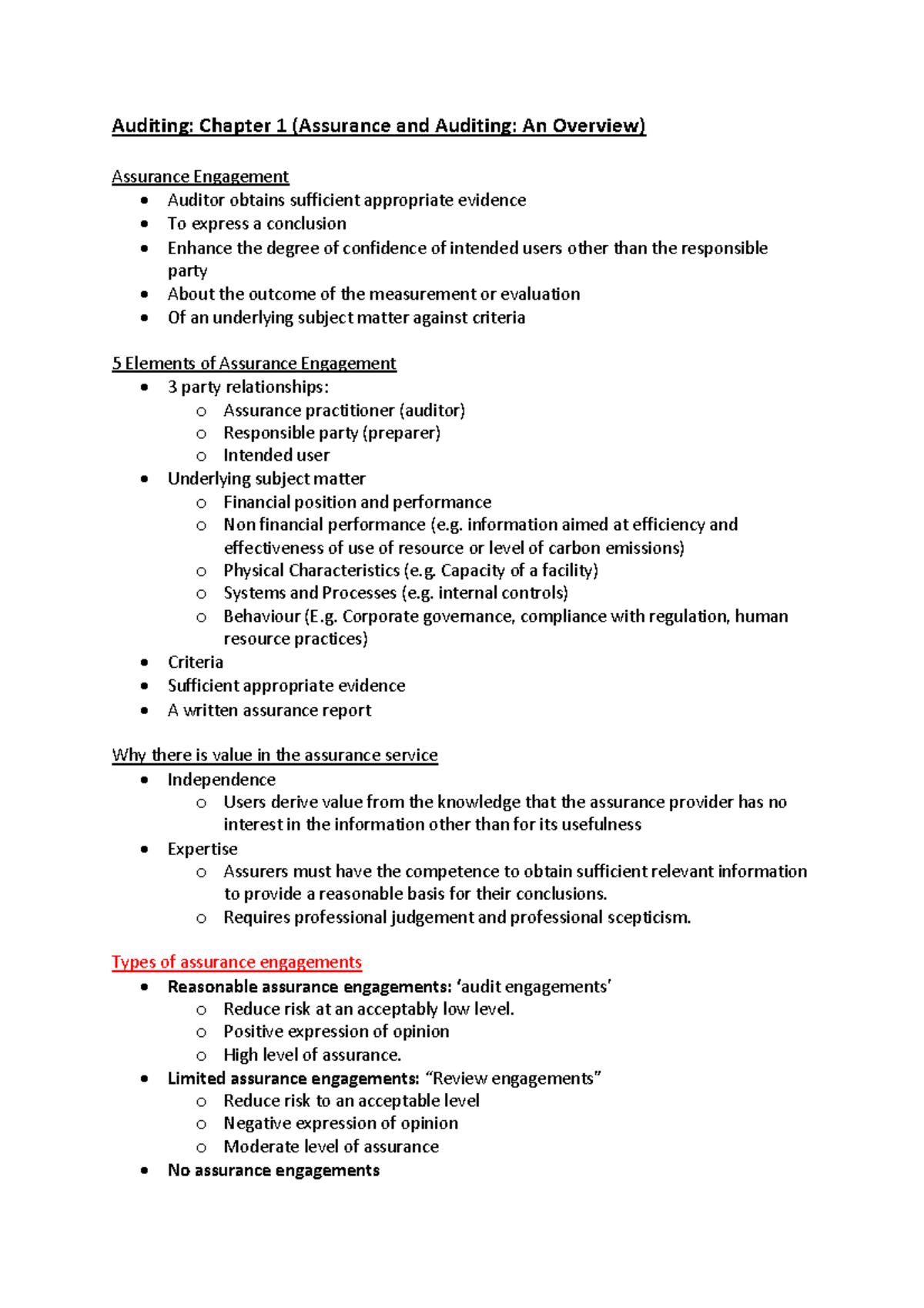 Summary - chapters 1-12 - Auditing: Chapter 1 (Assurance and Auditing: An Overview) Assurance ...